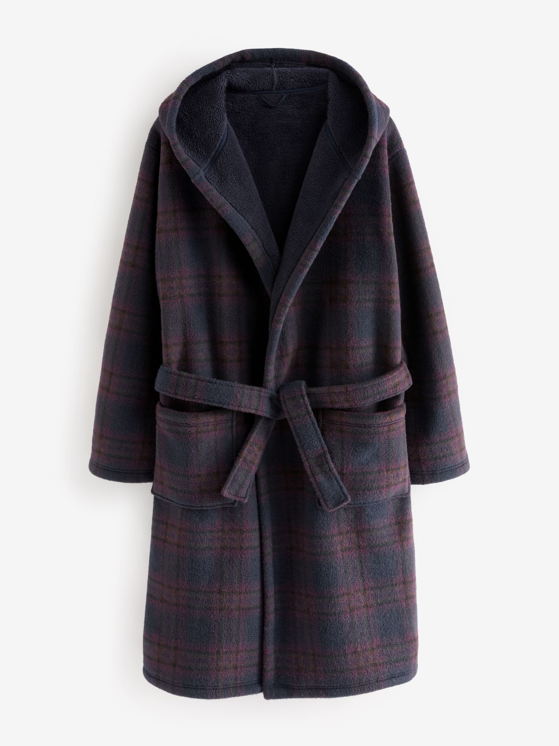Buy Navy Blue/Orange Check Fleece Borg Lined Dressing Gown Robe from ...