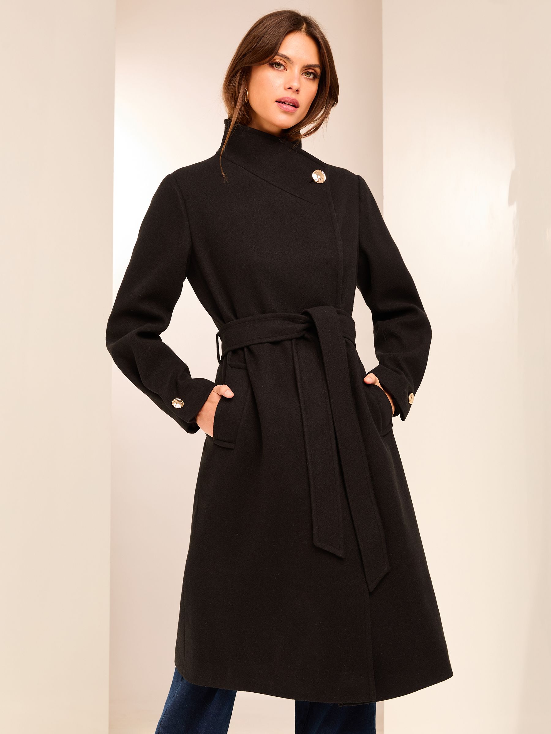 Buy Lipsy Black Petite Funnel Neck Wrap Belted Coat With Wool from the ...
