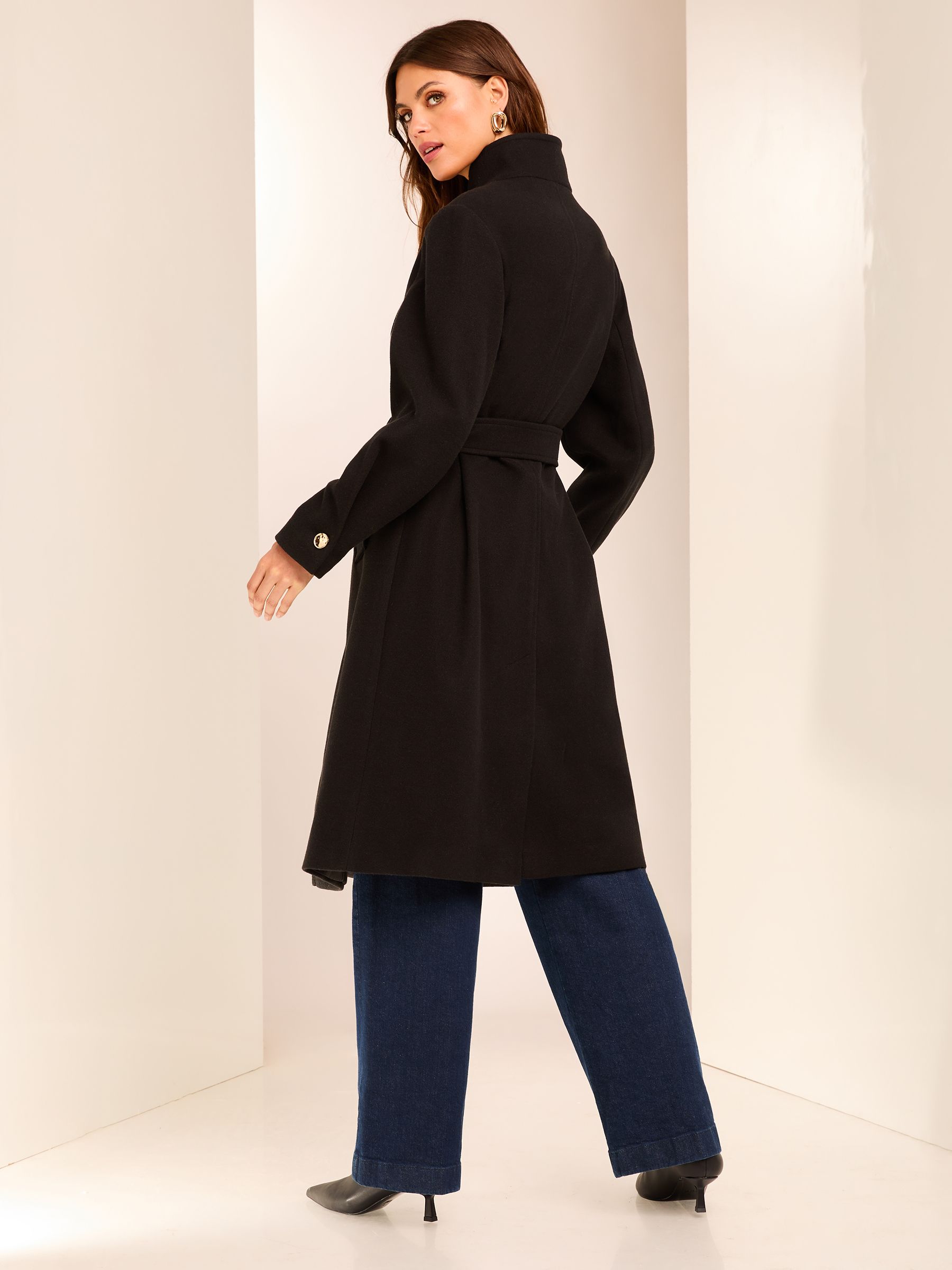 Buy Lipsy Black Petite Funnel Neck Wrap Belted Coat With Wool from the ...