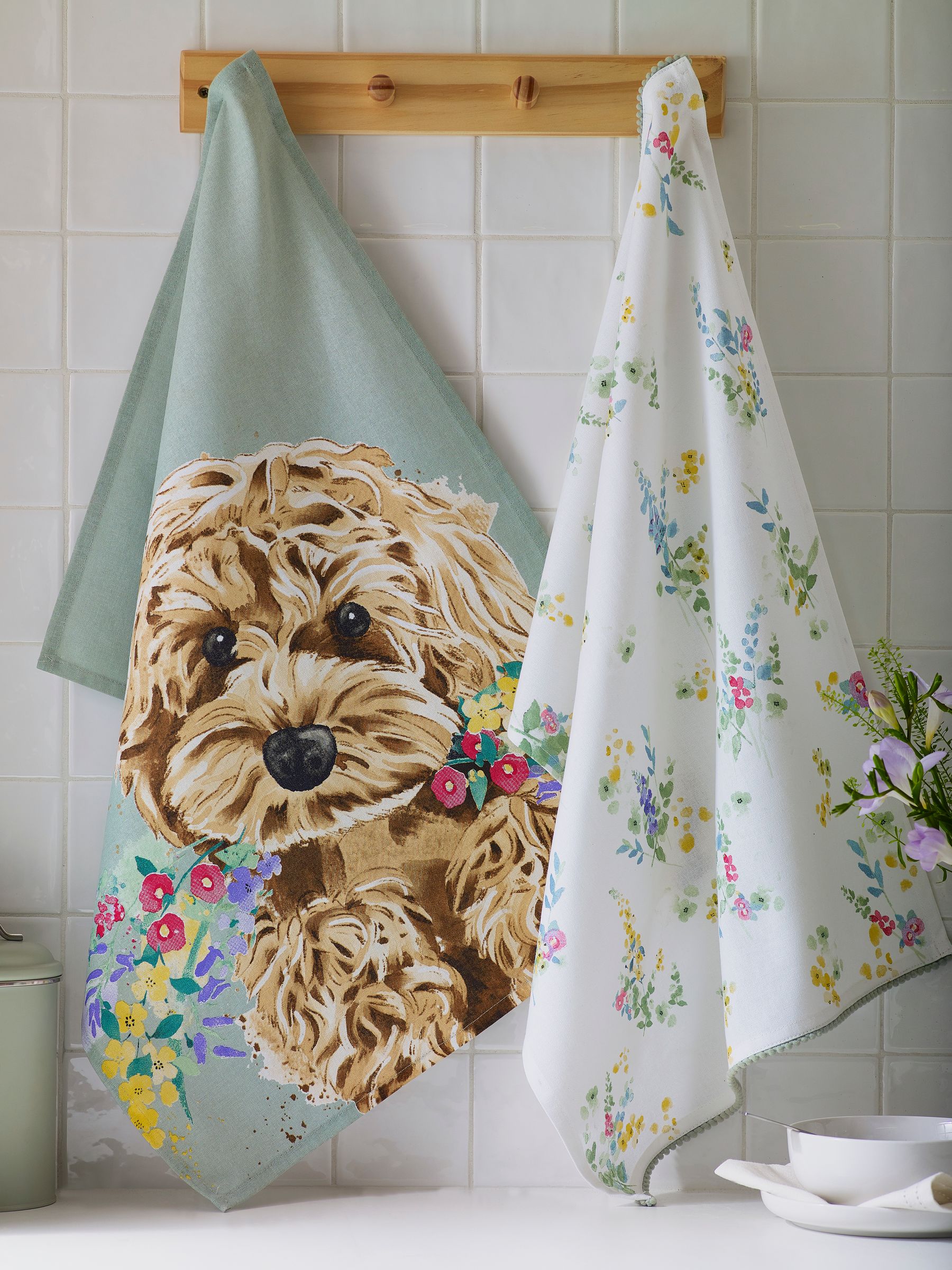 Buy Set of 2 Sage Green Charlie Cockapoo 100% Cotton Tea Towels from ...