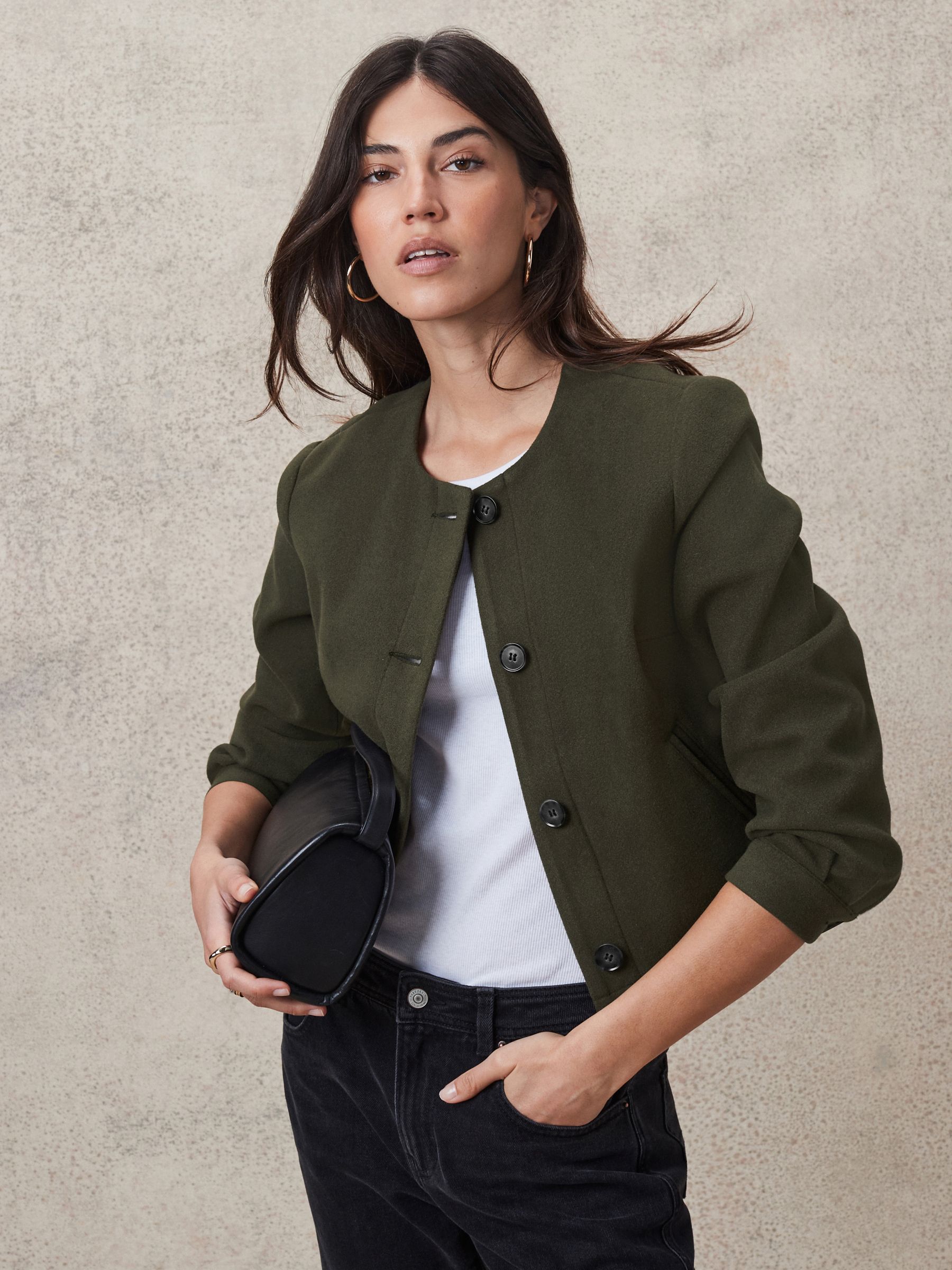 Buy Khaki Green Brushed Collarless Buttoned Jacket from Next Ireland