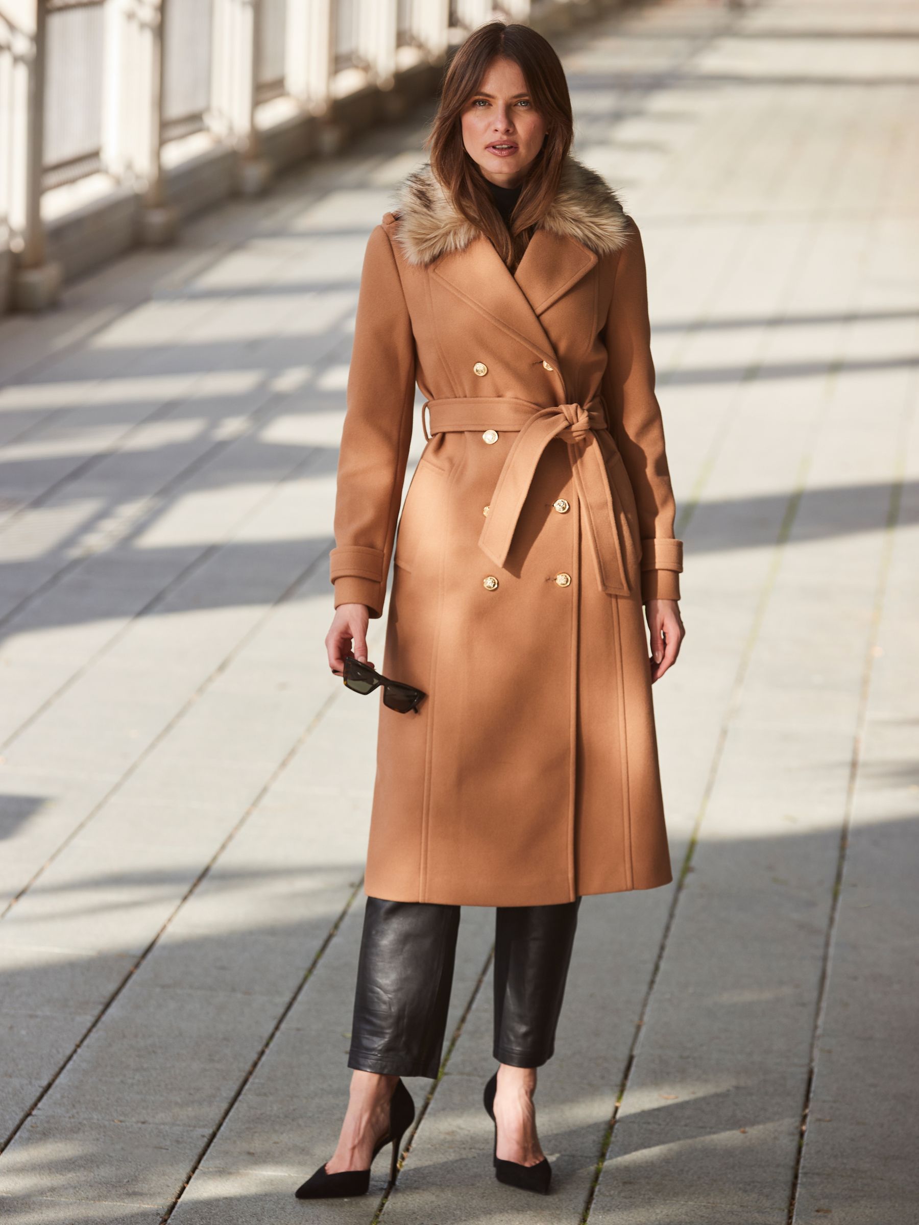 Buy Sosandar Brown Longline Wool Coat With Faux Fur Collar from Next ...