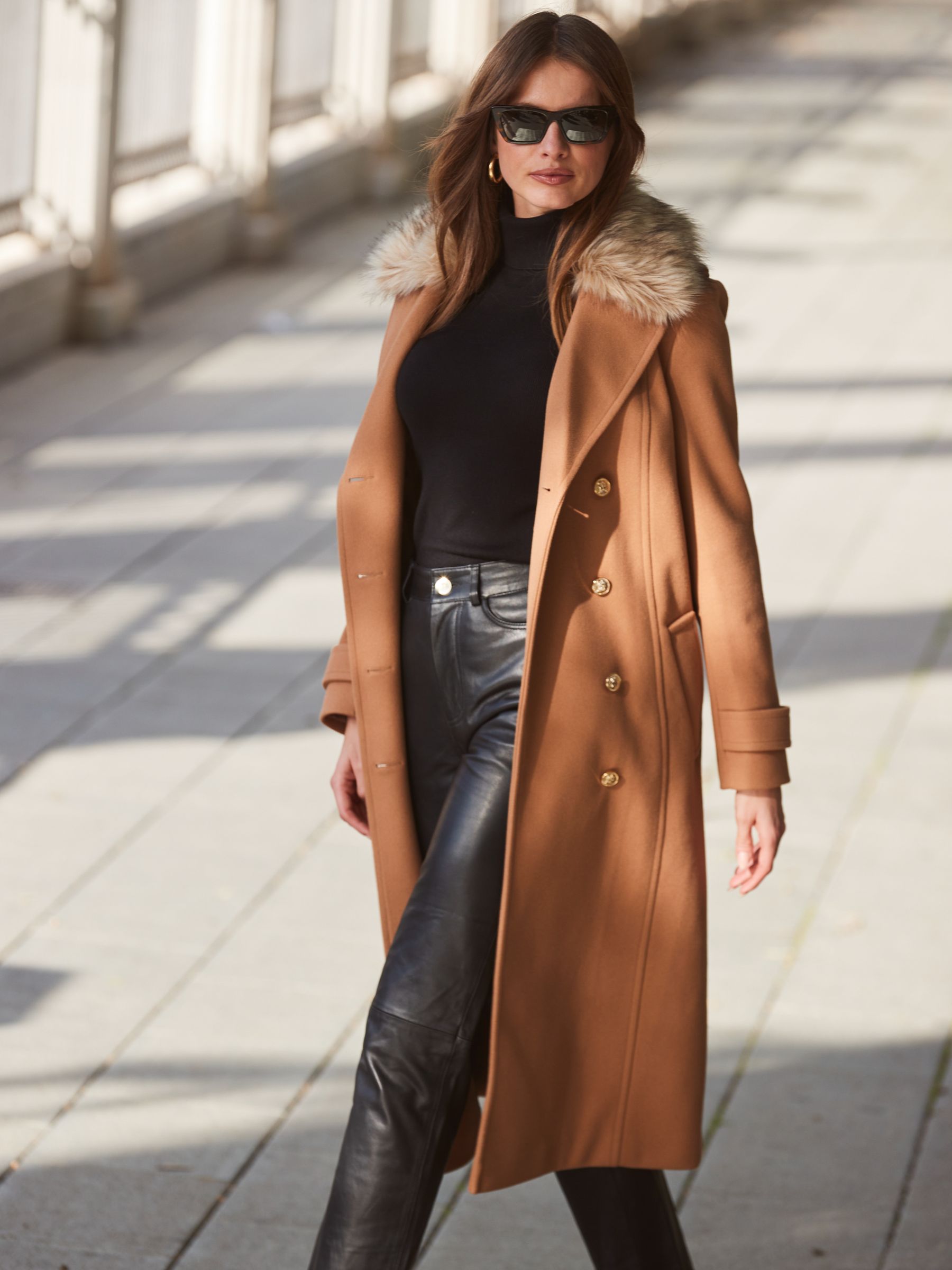 Buy Sosandar Brown Longline Wool Coat With Faux Fur Collar from Next ...