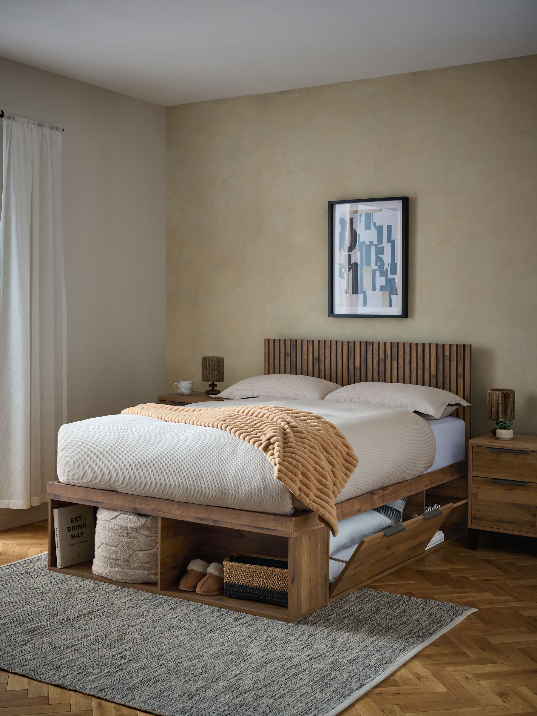 Buy Oak Effect Slatted Headboard Bronx Platform Bed Frame with Storage ...