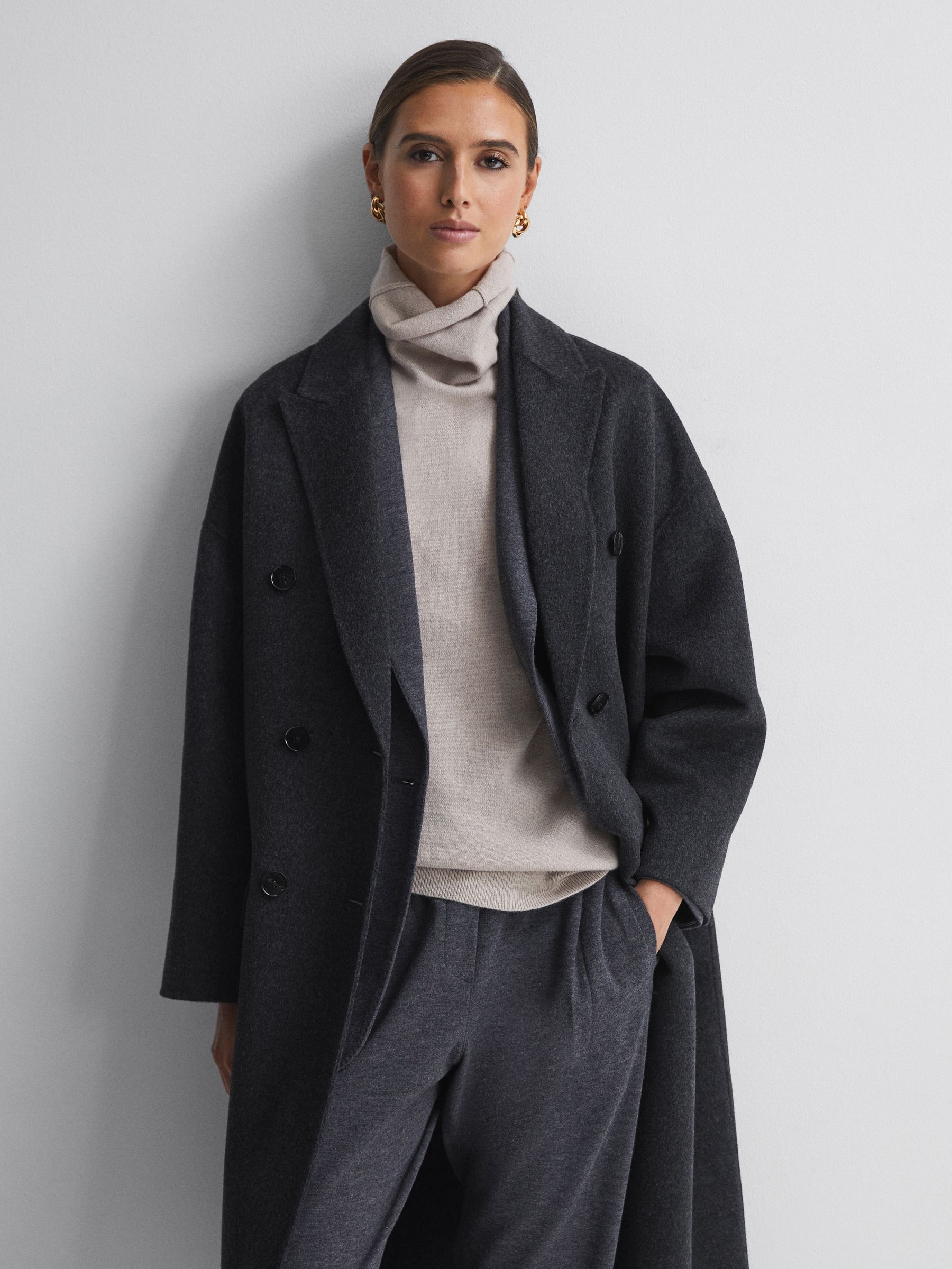 Buy Reiss Charcoal Layah Relaxed Wool Blend Double Breasted Coat from ...