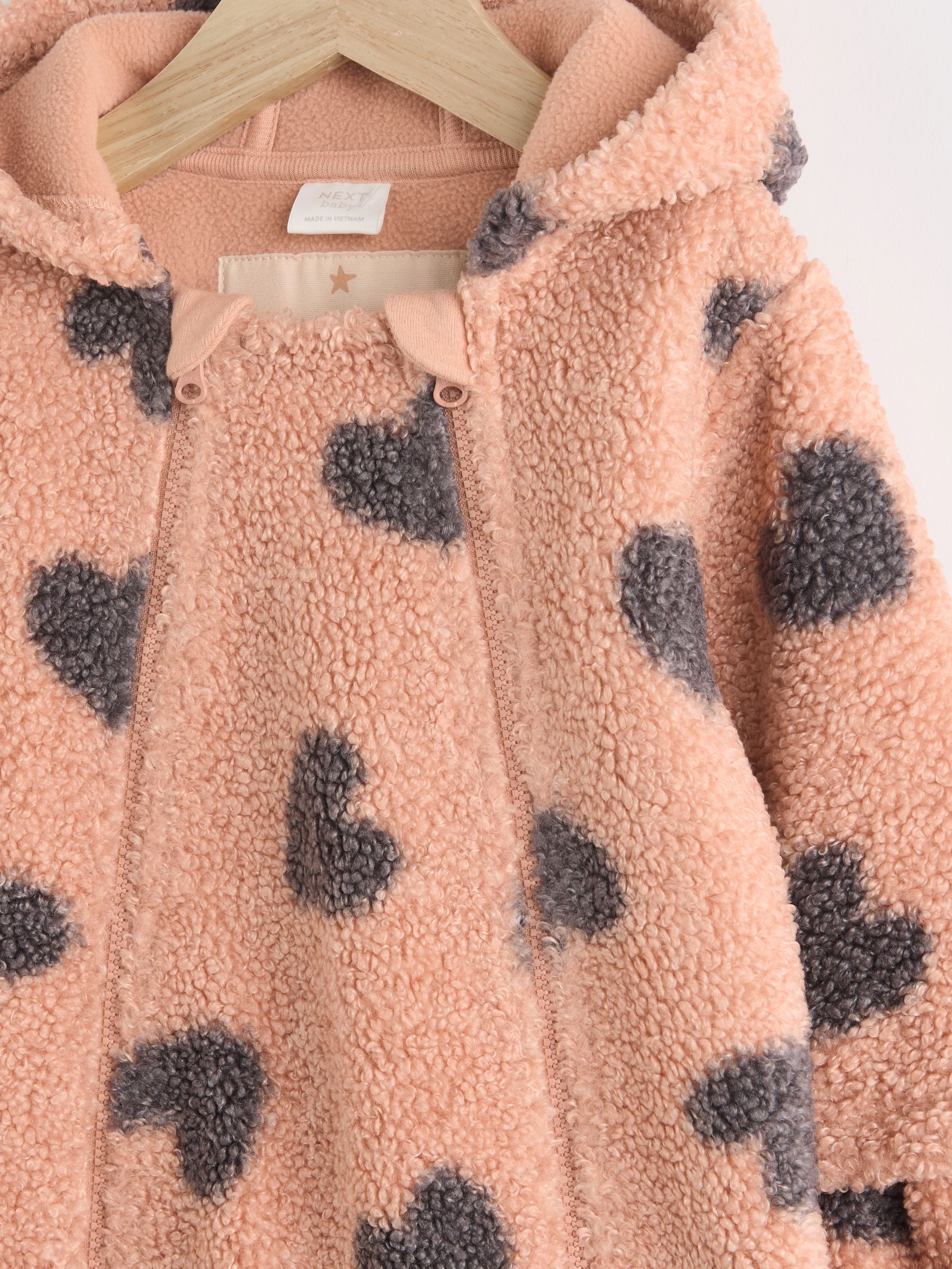 Buy Tan Brown Heart Print Baby Borg Fleece All-In-One Pramsuit (0mths ...
