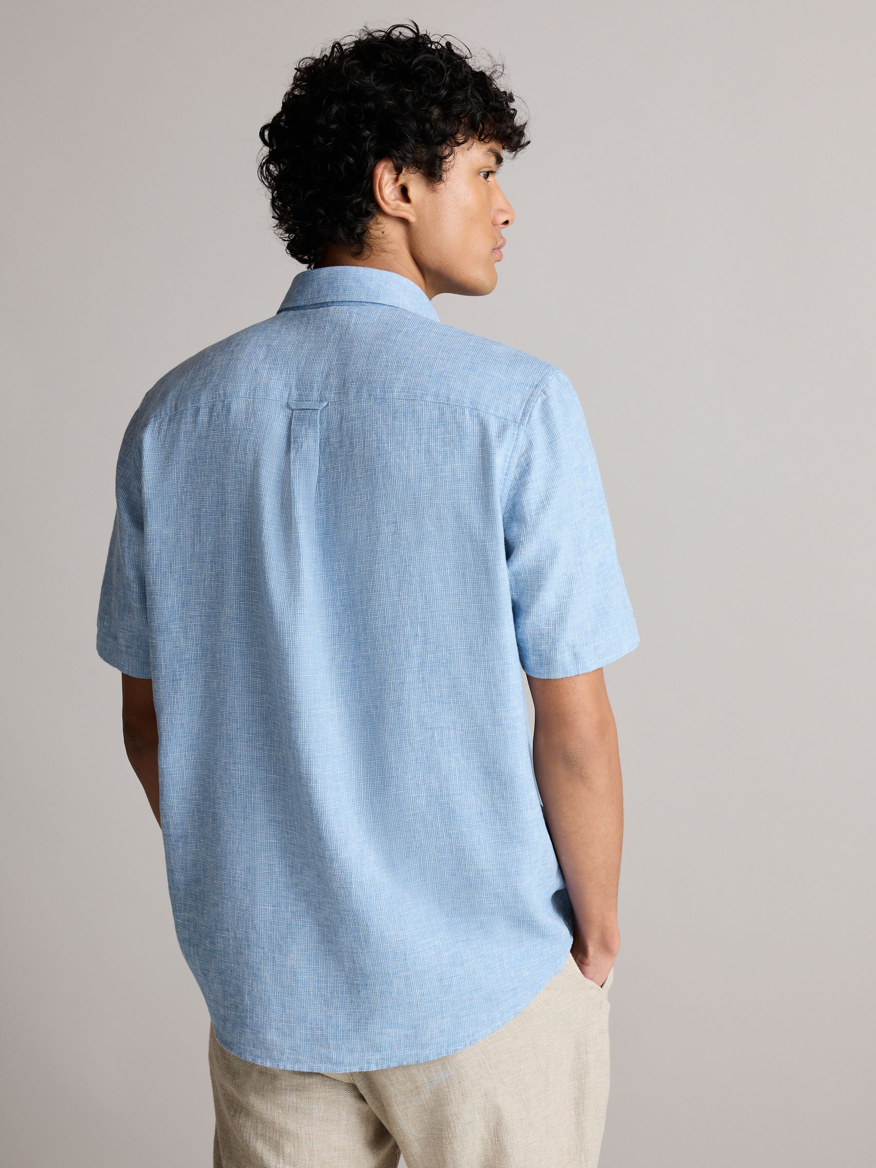 Buy Blue Standard Collar Cotton Linen Blend Short Sleeve Shirt from the ...