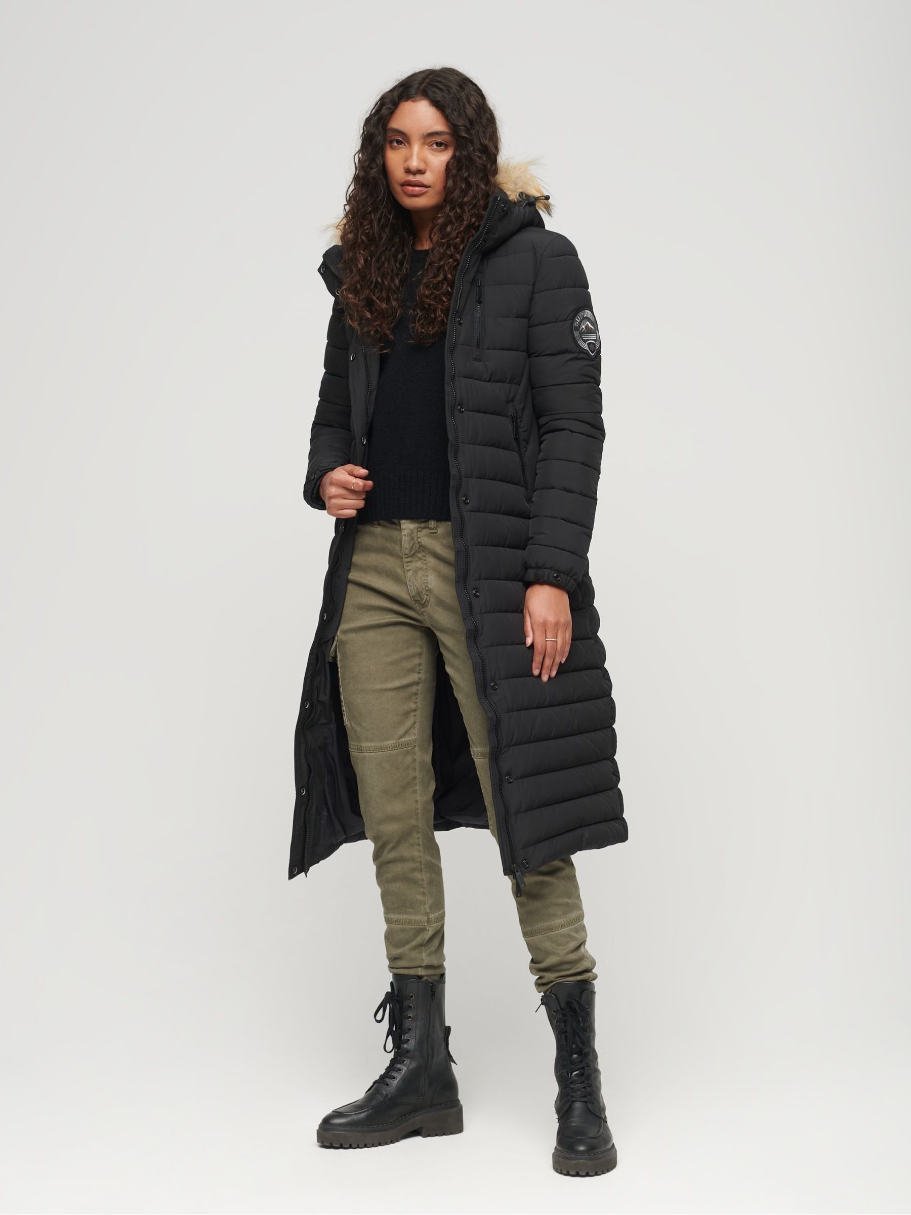 Buy Superdry Black 100% Cotton Fuji Hooded Longline Puffer Coat from ...