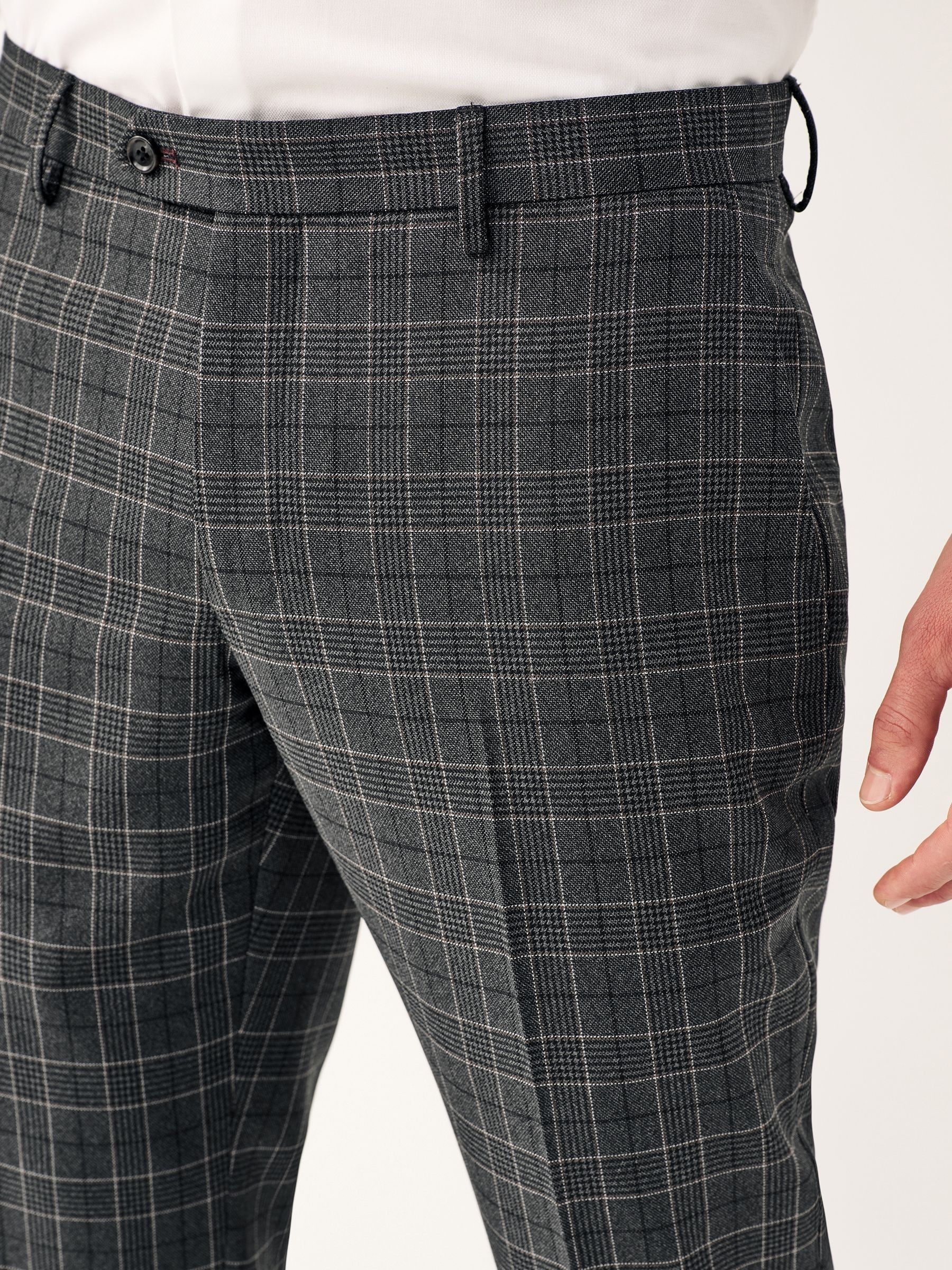 Charcoal Grey Tailored Fit Trimmed Check Suit Trousers