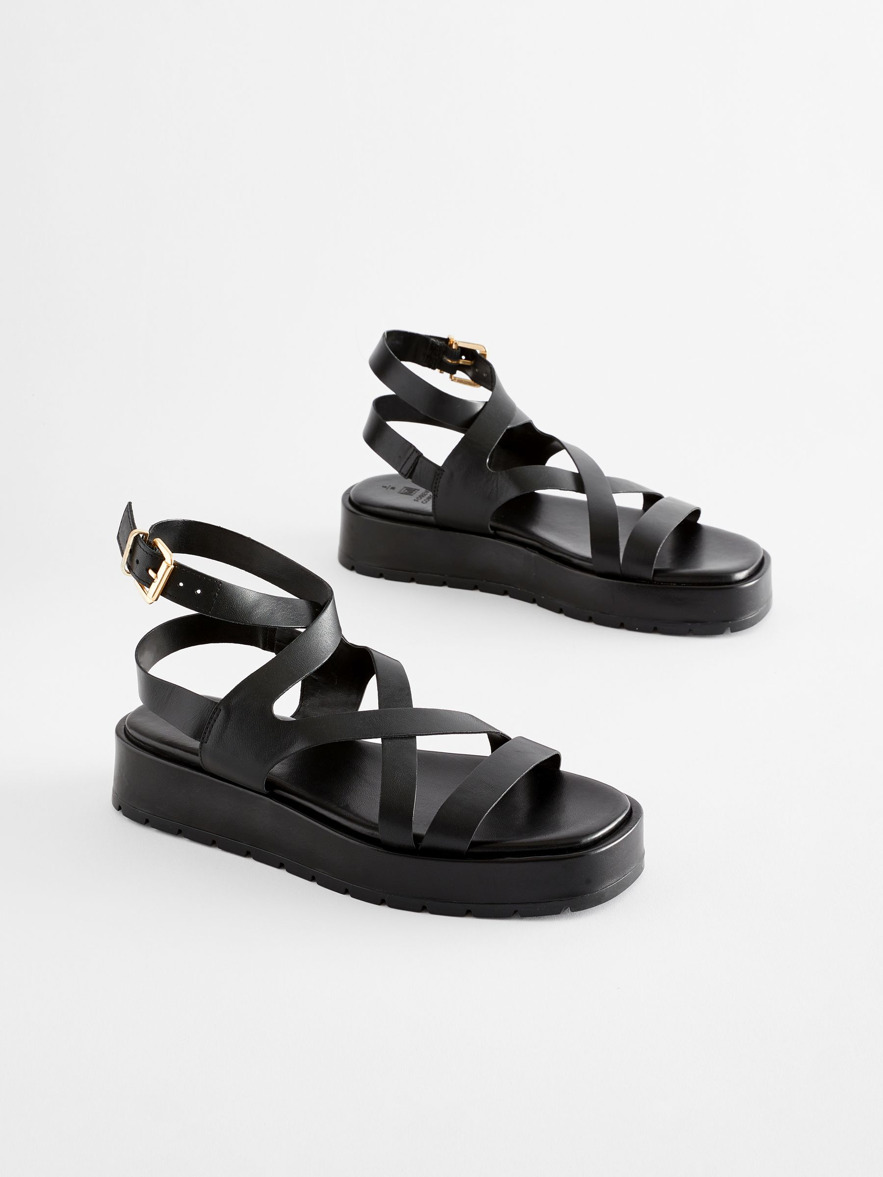 Buy Black Forever Comfort® Leather Strappy Flatform Sandals from the ...