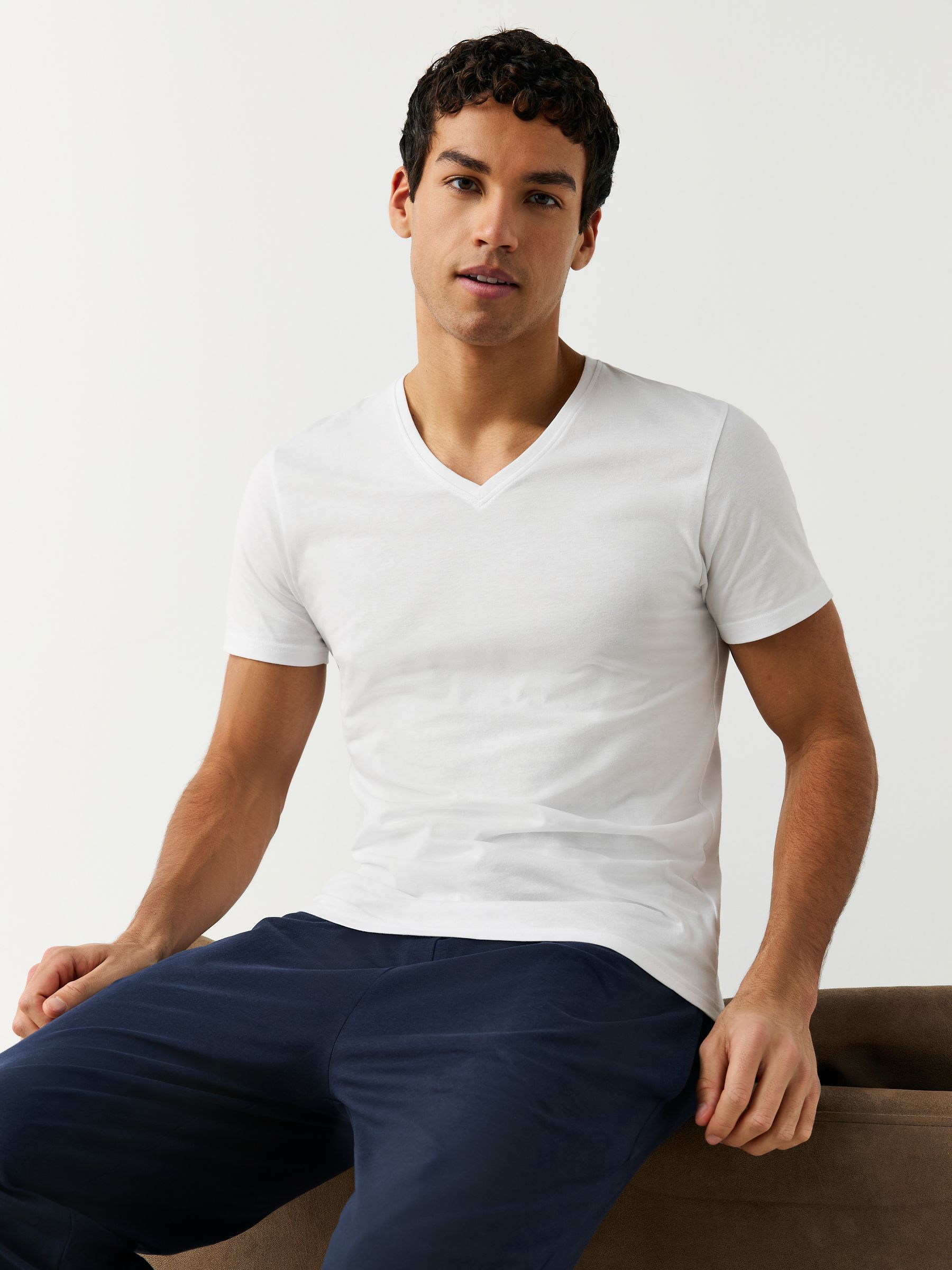 Buy White Slim Fit Slim Fit 100% Cotton V-Neck Layering T-Shirts 5 Pack ...