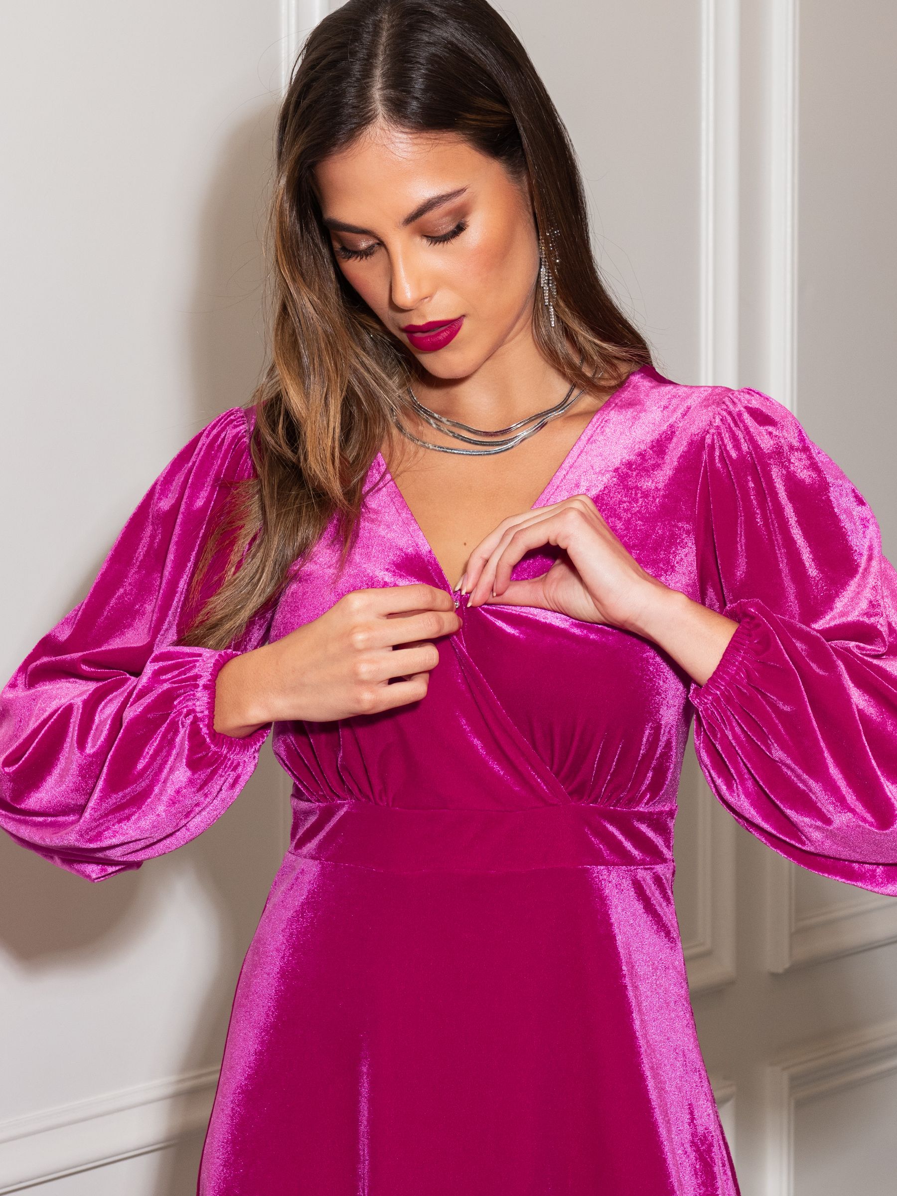 Buy Pour Moi Pink Charlotte Tie Back Stretch Velvet Long Sleeve Midi ...