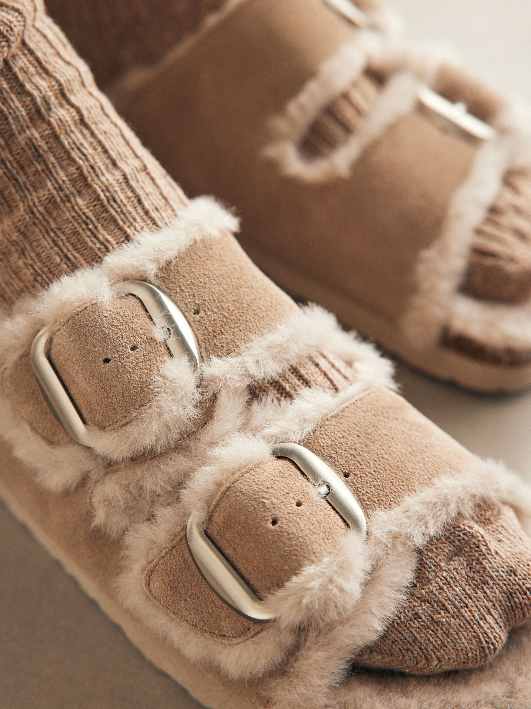 Buy Neutral Forever Comfort® Faux Fur Double Strap Leather Footbed ...