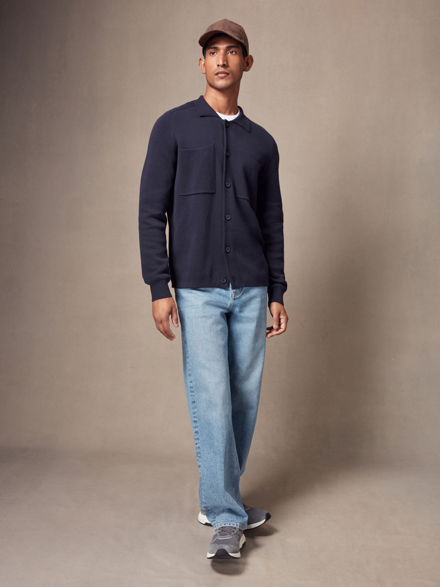 Buy Navy Blue Relaxed Fit 100% Cotton Knit Twin Pocket Shacket from ...