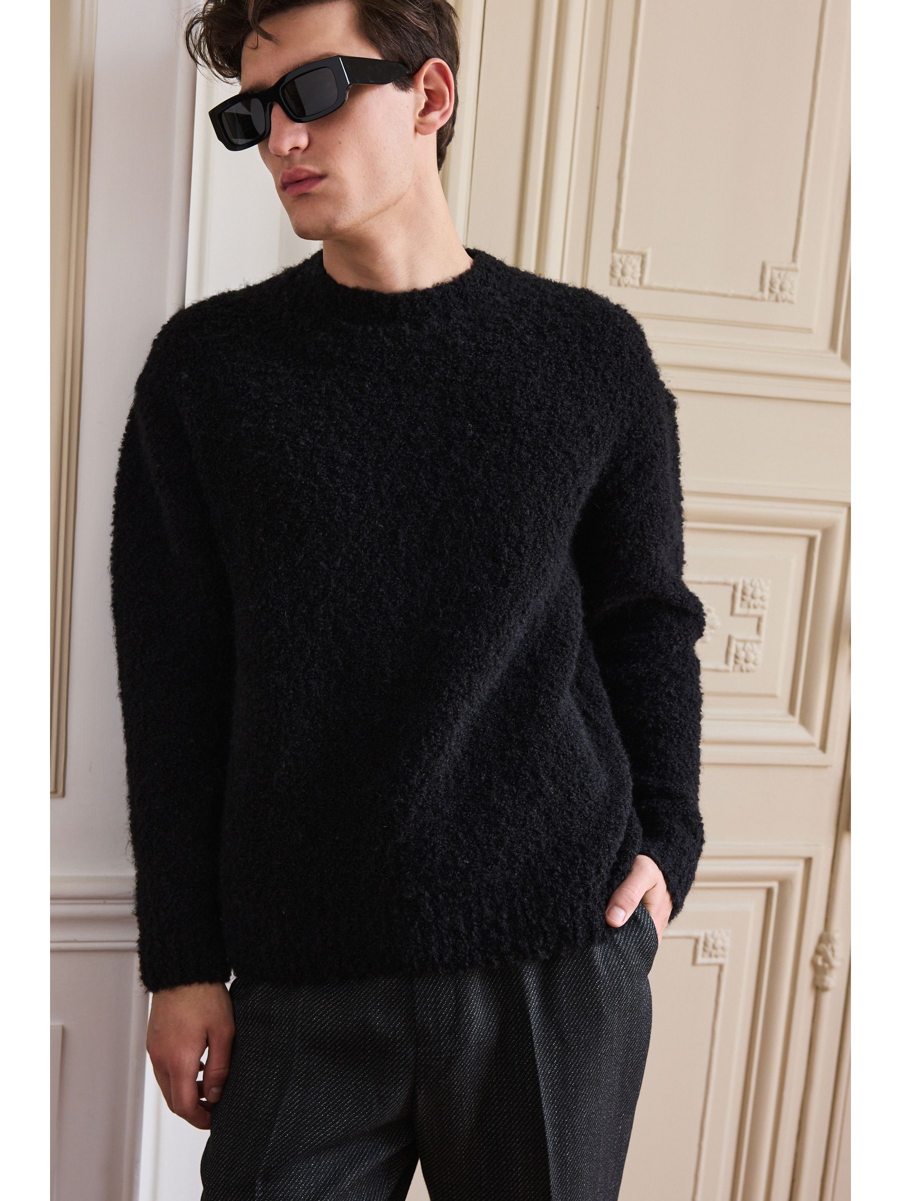 Buy Black Relaxed Fit Bouclé Texture Crew Jumper With Wool from the ...