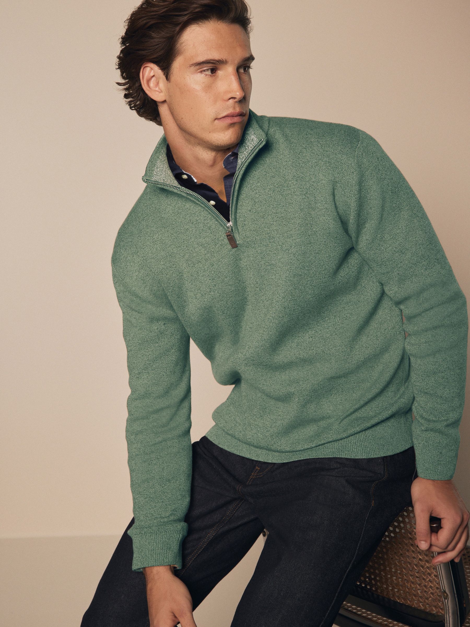 Buy Sage Green Plain Regular Fit 100% Cotton Premium Quarter Zip Jumper ...