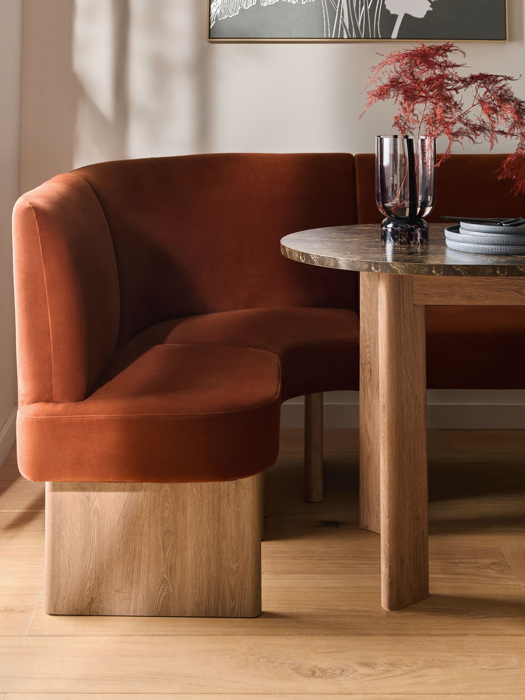 Buy Soft Velvet Rust Nomad Left Hand Corner Dining Table and Bench Set ...