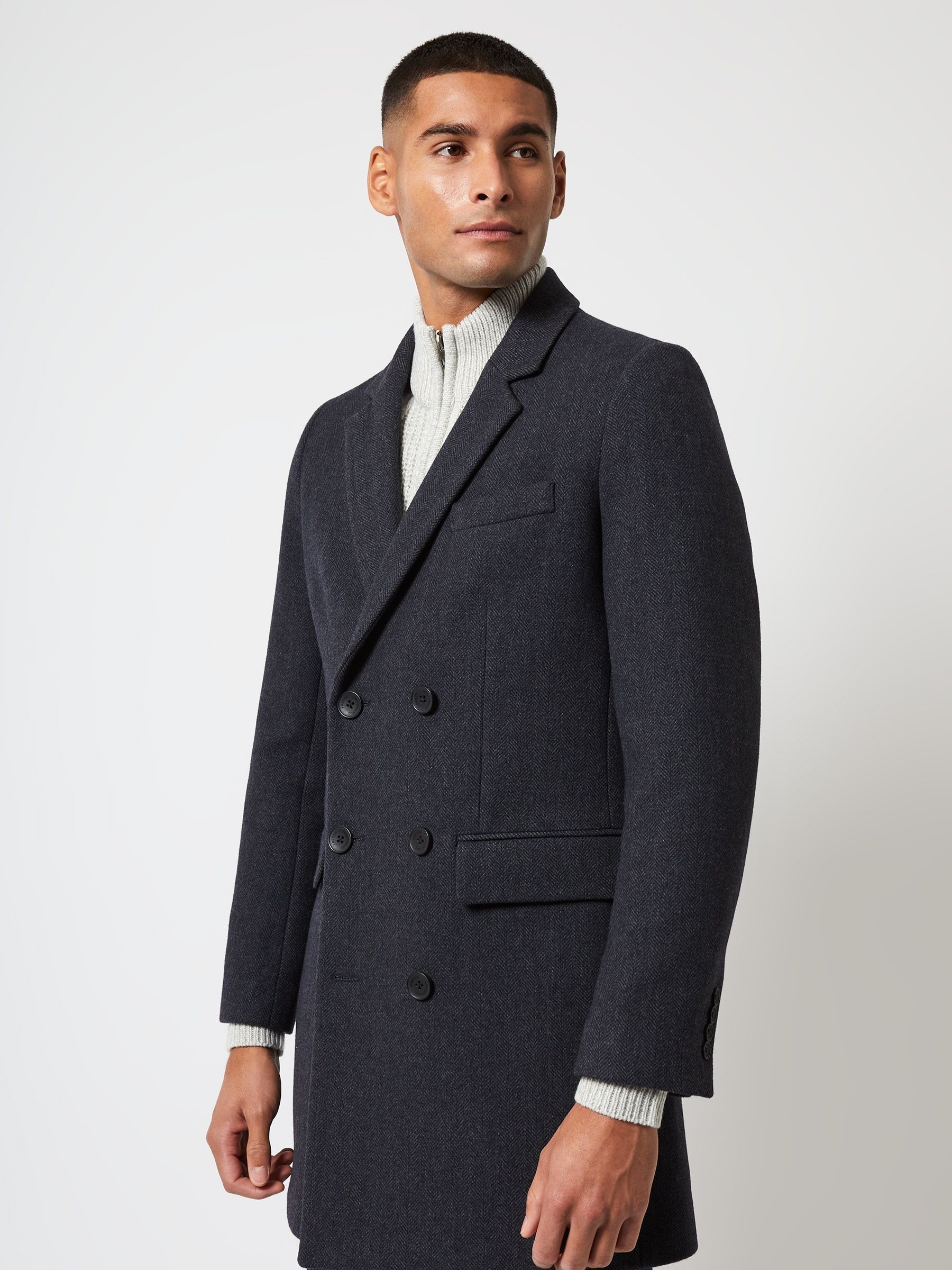 Buy French Connection Dark Blue Overcoat Herringbone Jacket from the ...