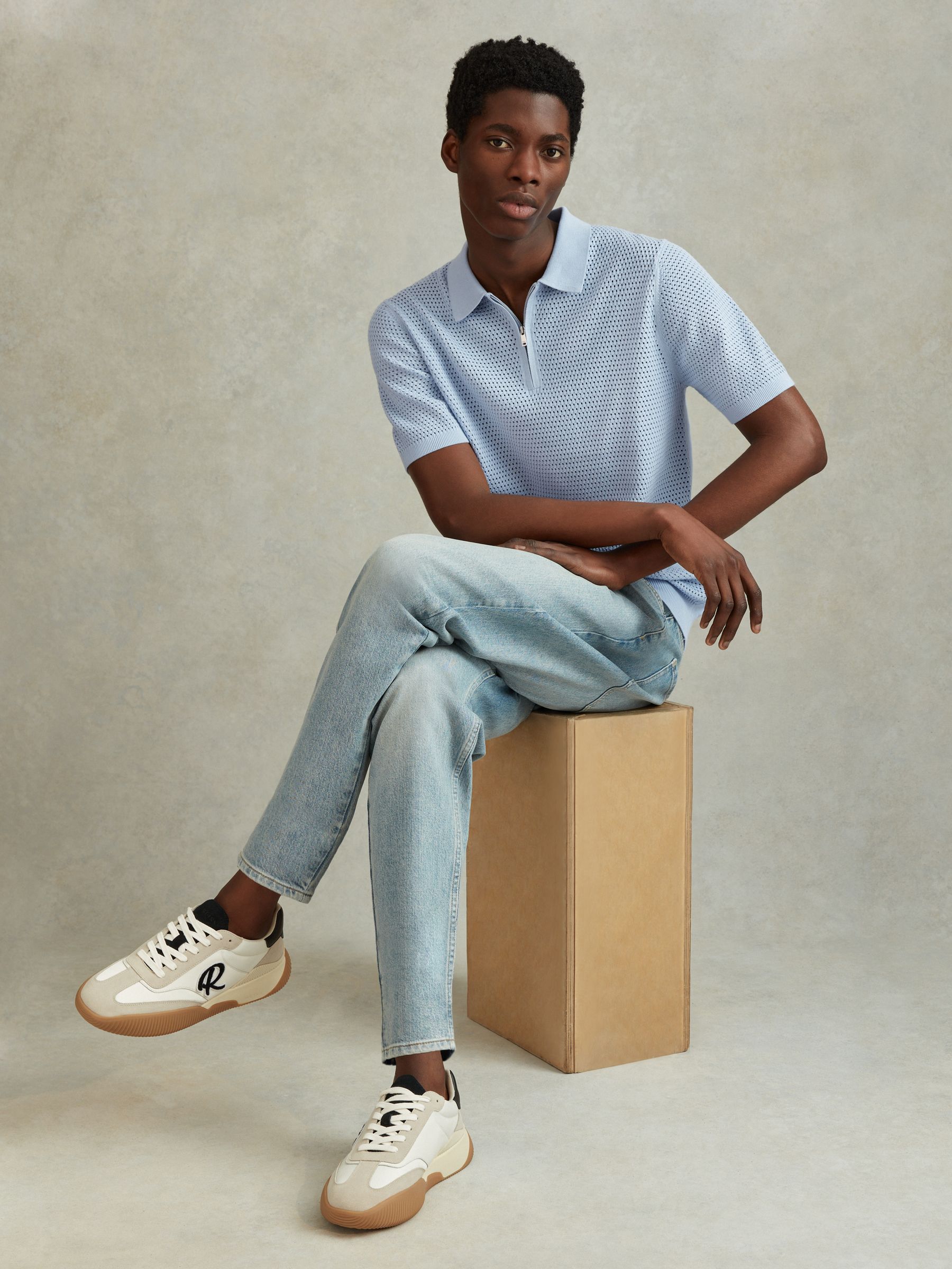 Buy Reiss Soft Blue Burnham Cotton Blend Textured Half Zip Polo Shirt ...