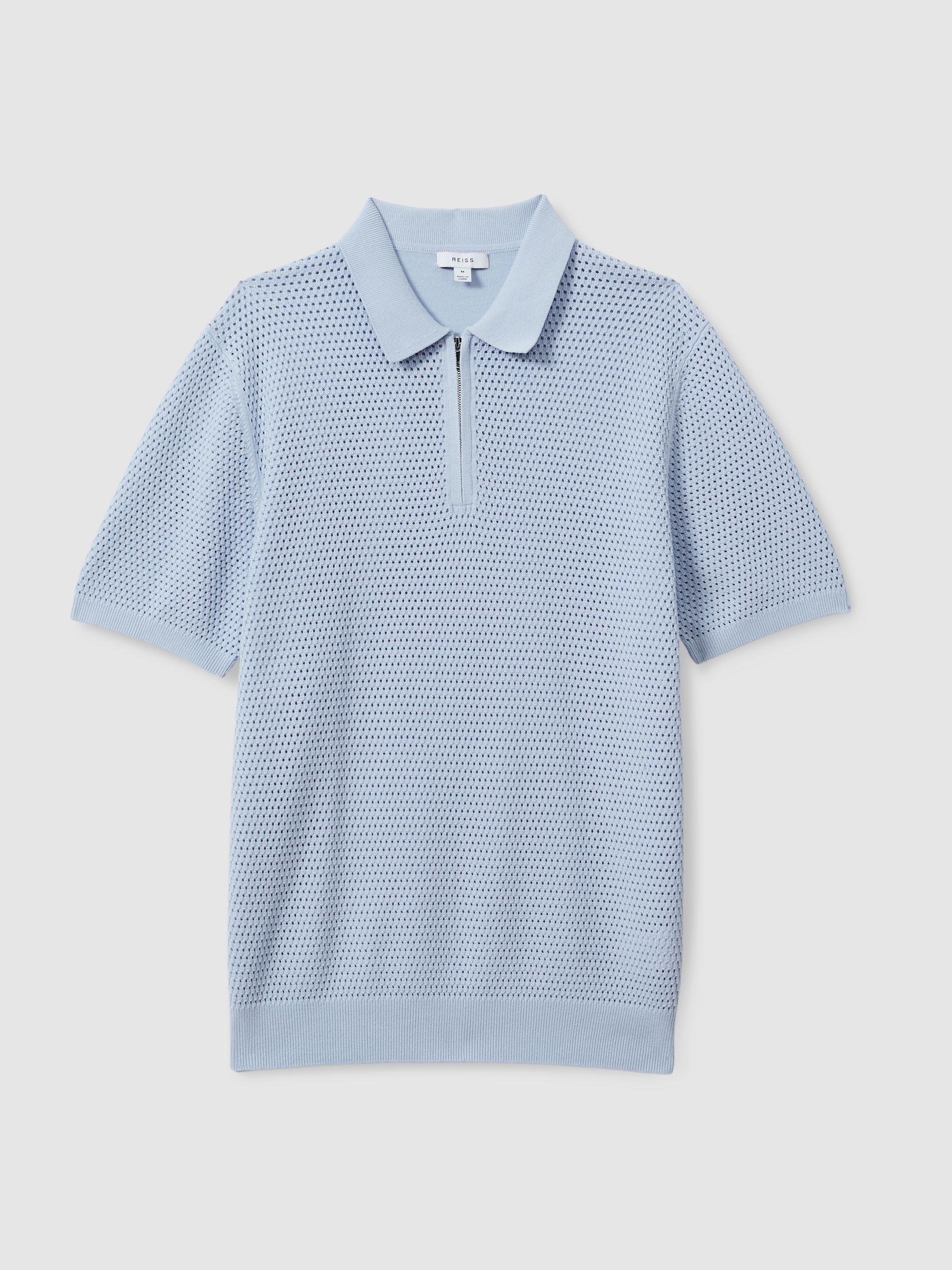 Buy Reiss Soft Blue Burnham Cotton Blend Textured Half Zip Polo Shirt ...