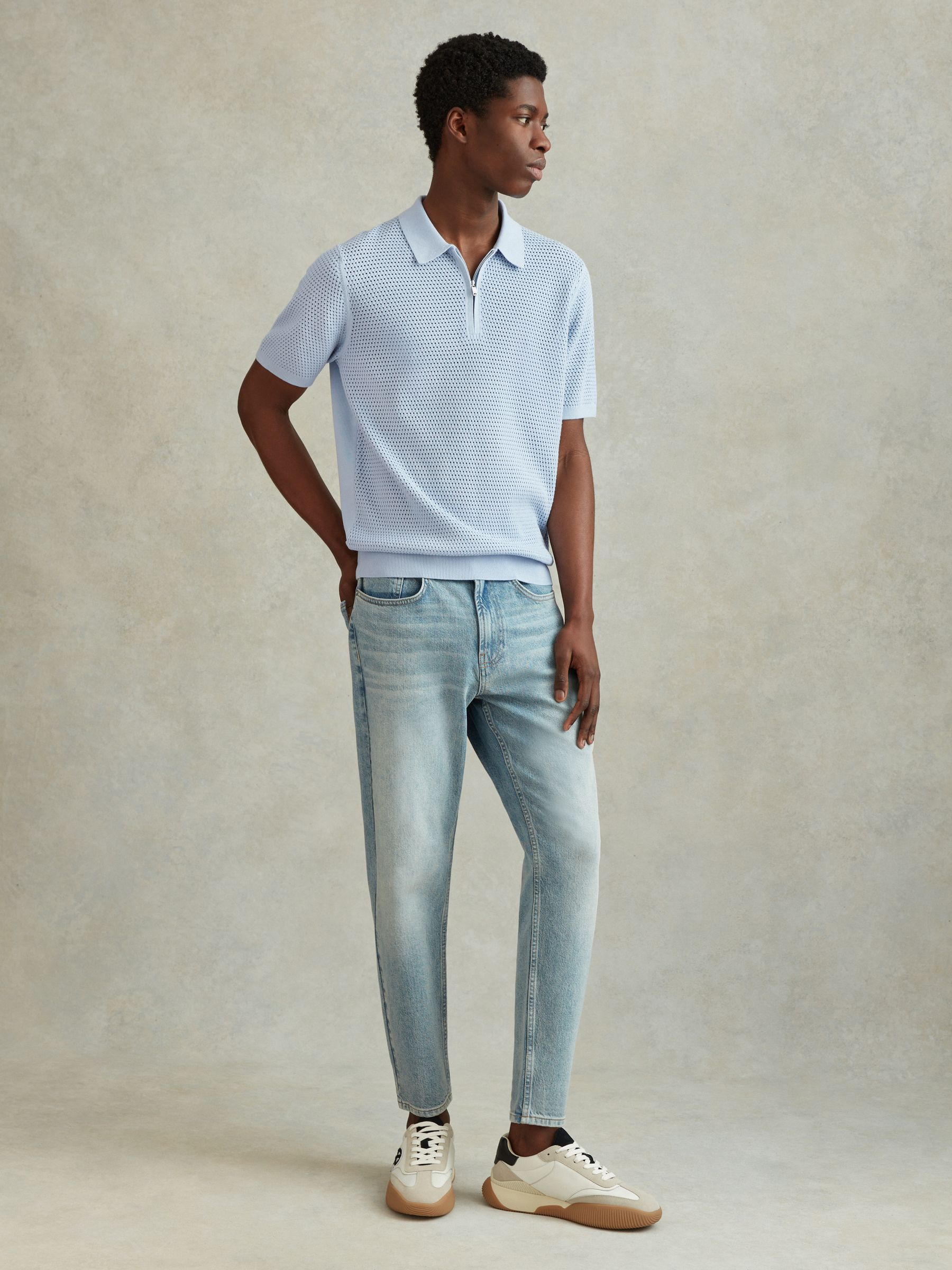 Buy Reiss Soft Blue Burnham Cotton Blend Textured Half Zip Polo Shirt ...