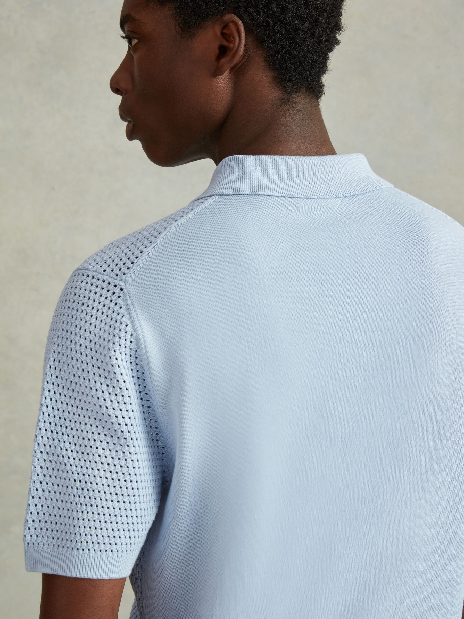 Buy Reiss Soft Blue Burnham Cotton Blend Textured Half Zip Polo Shirt ...