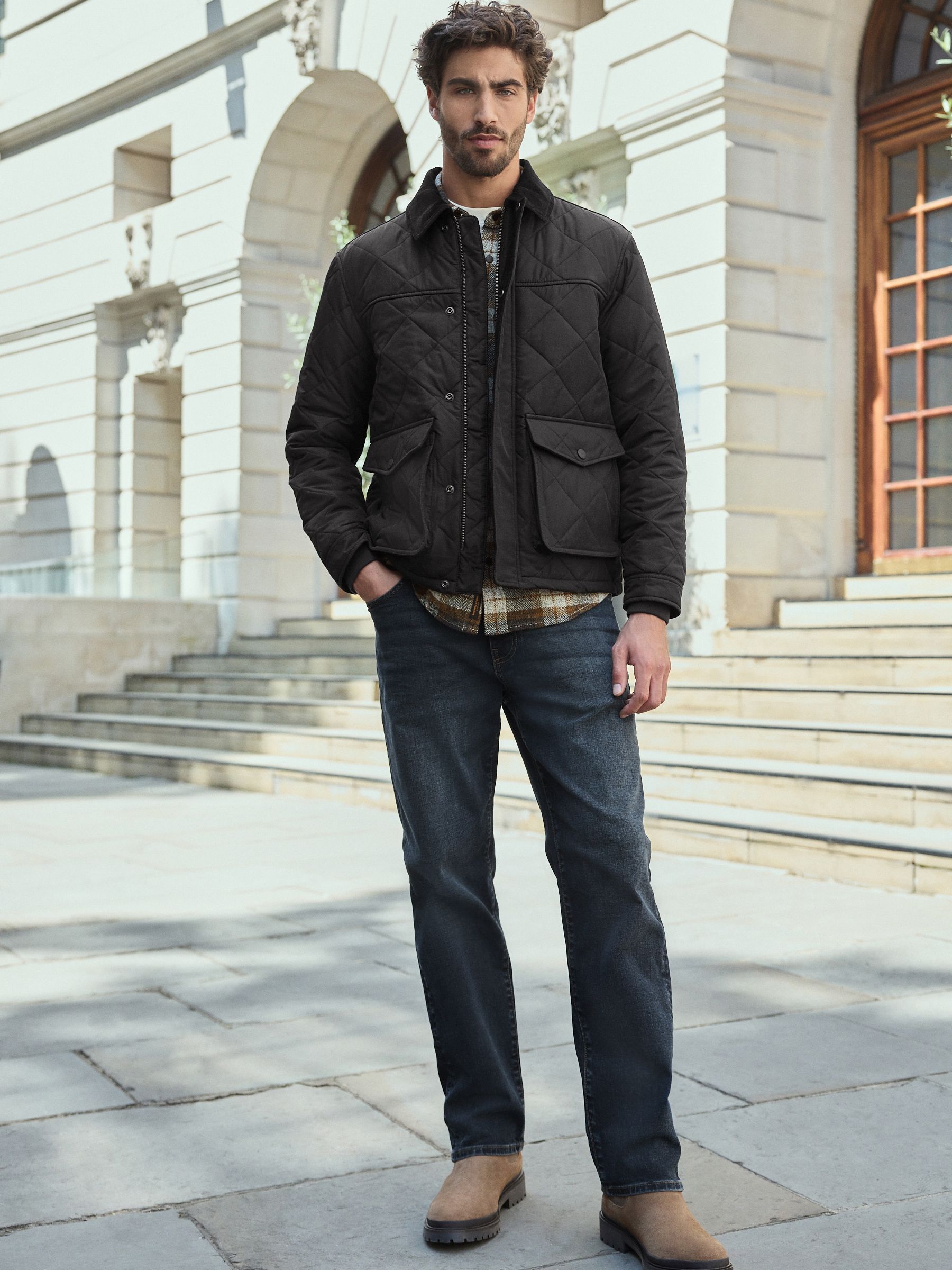 Buy Black Shower Resistant Diamond Quilt Corduroy Collared Jacket from ...