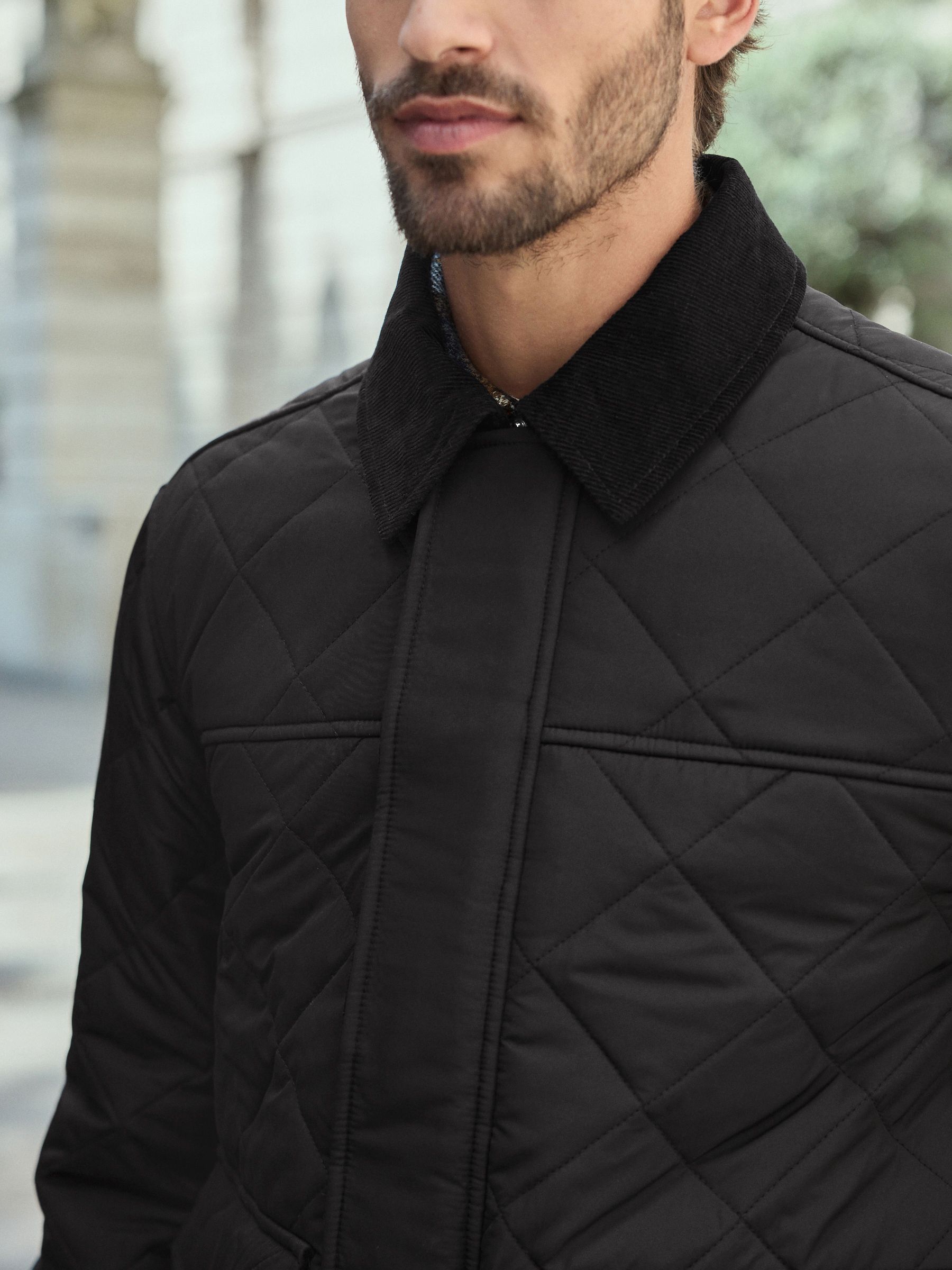 Buy Black Shower Resistant Diamond Quilt Corduroy Collared Jacket from ...
