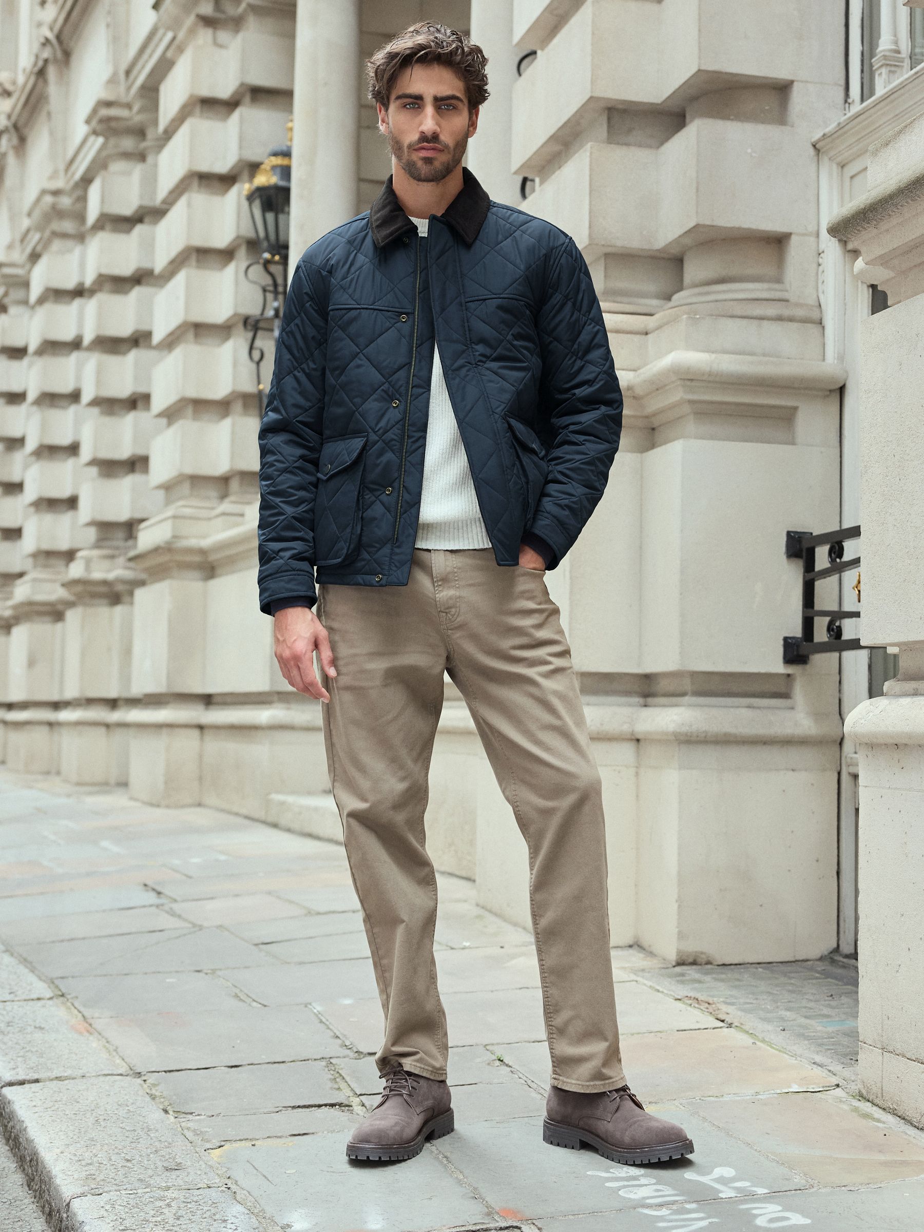 Buy Navy Blue Shower Resistant Diamond Quilt Corduroy Collared Jacket ...