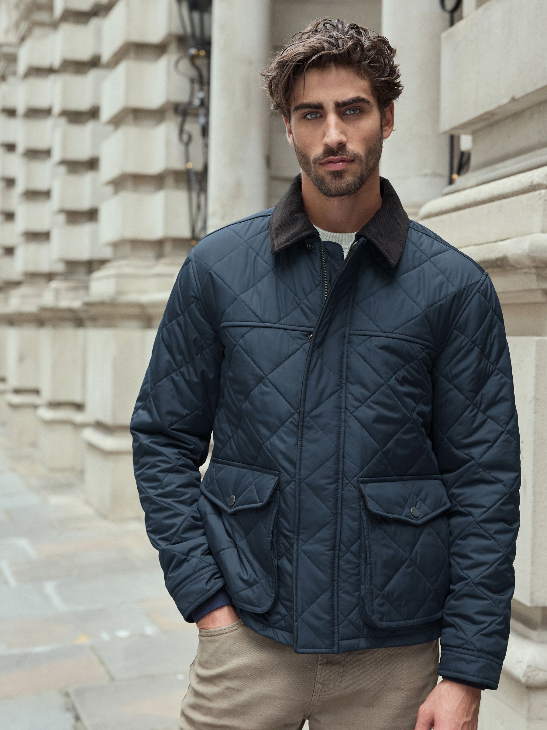 Buy Navy Blue Shower Resistant Diamond Quilt Corduroy Collared Jacket ...