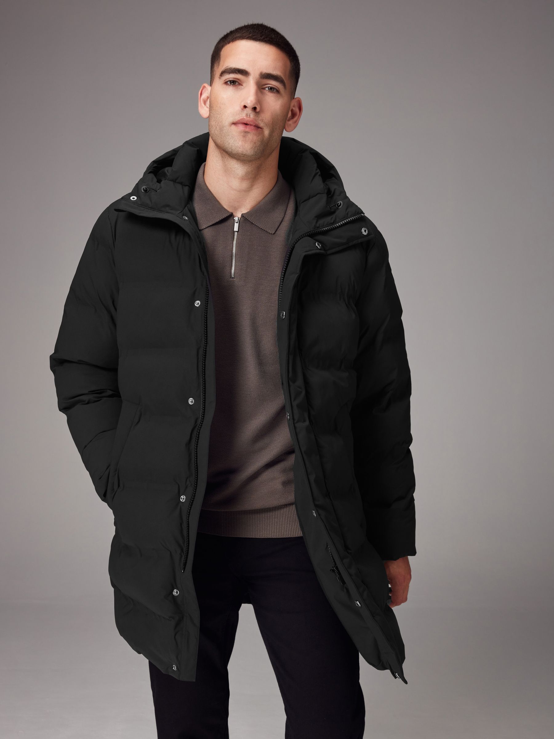 Buy Black Long Length Shower Resistant Hooded Puffer Coat from Next ...