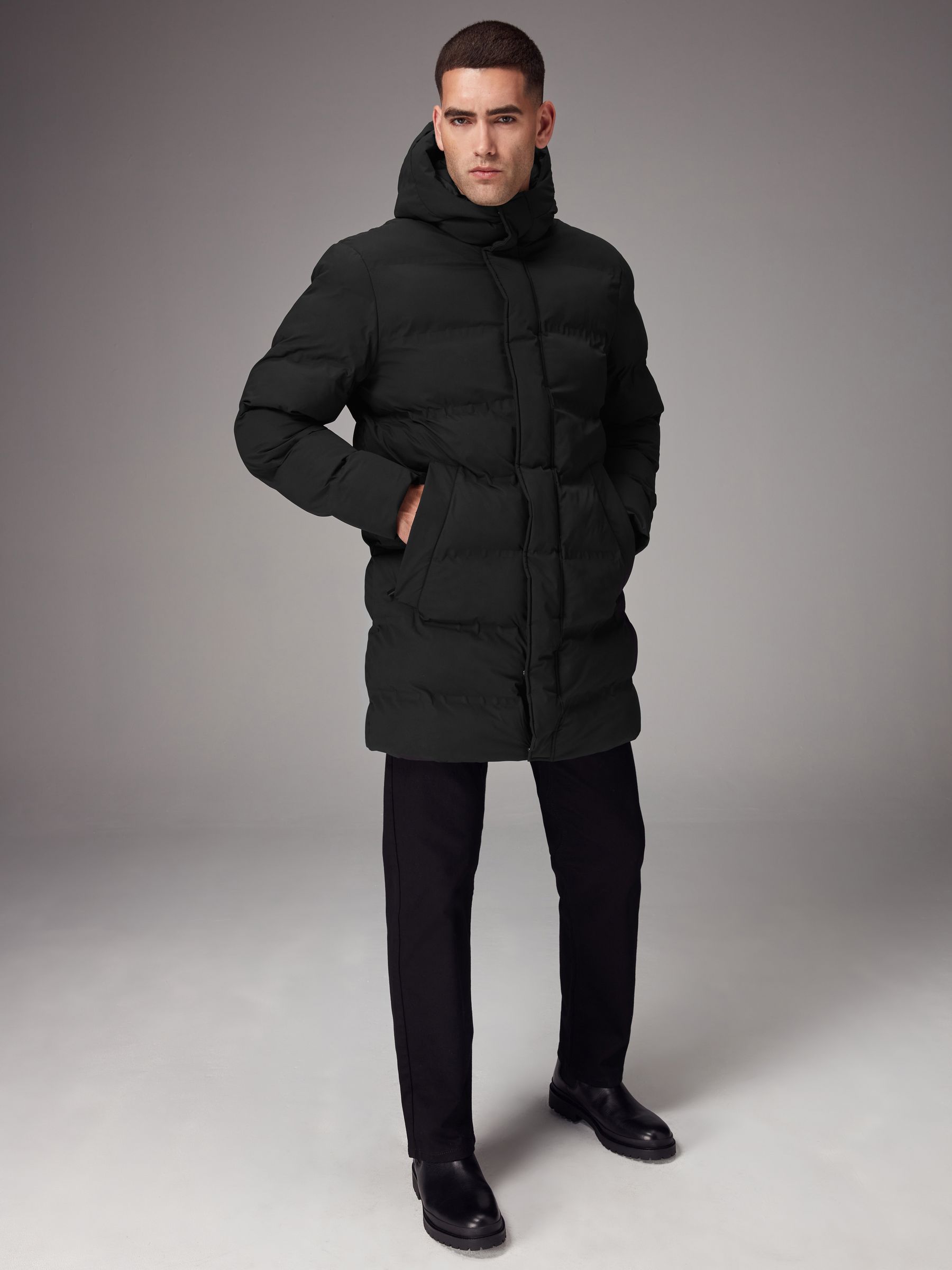 Buy Black Long Length Shower Resistant Hooded Puffer Coat from Next ...