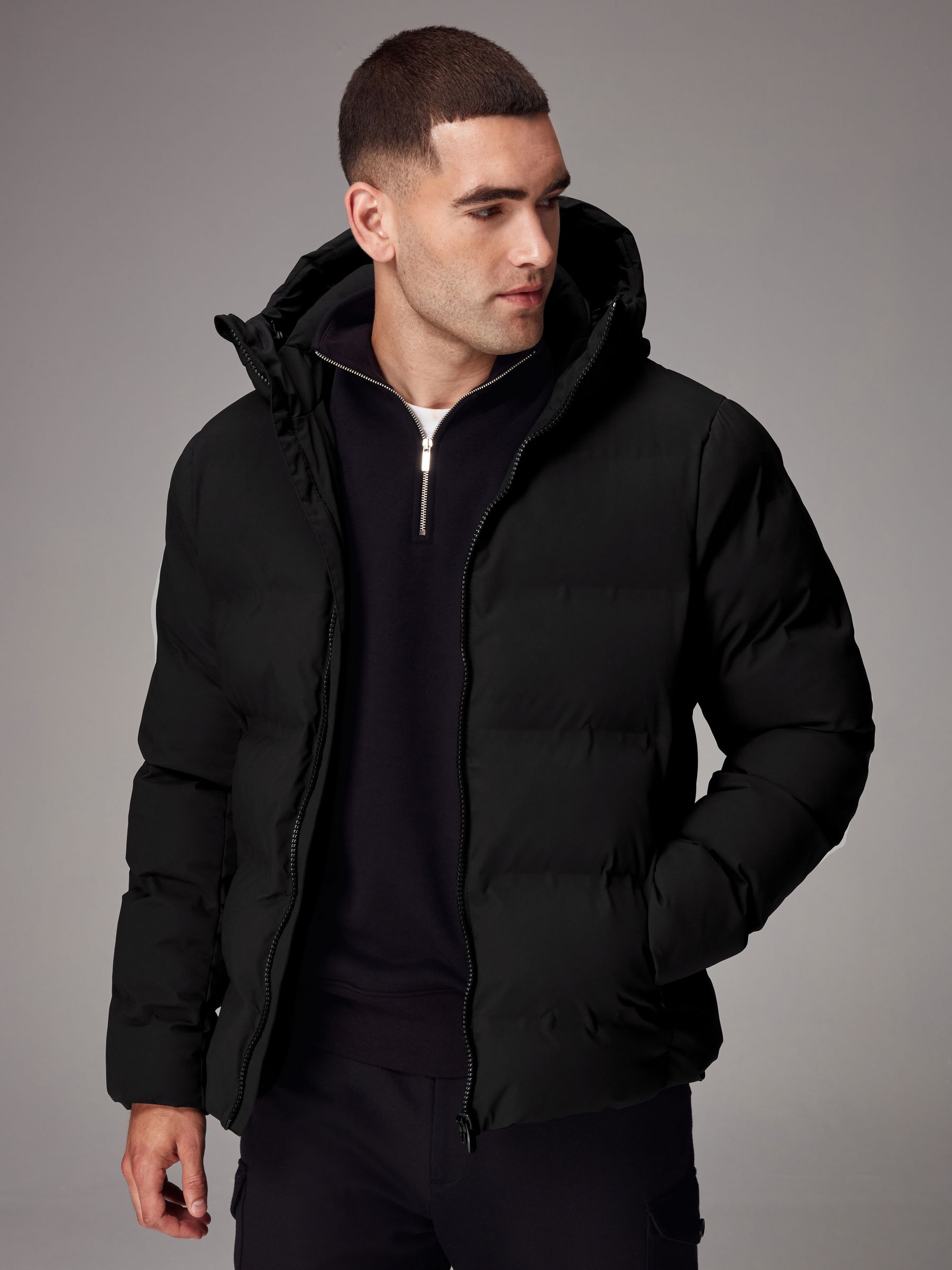 Buy Black Regular Length Shower Resistant Hooded Puffer Coat from the ...