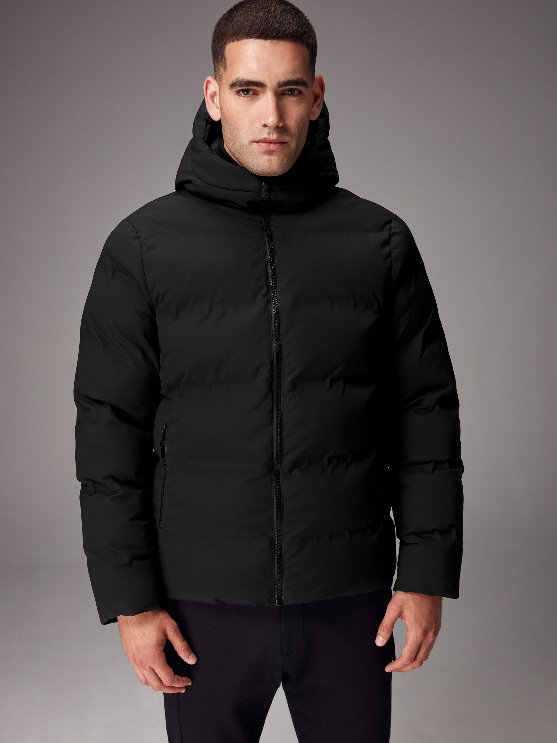 Buy Black Regular Length Shower Resistant Hooded Puffer Coat from the ...