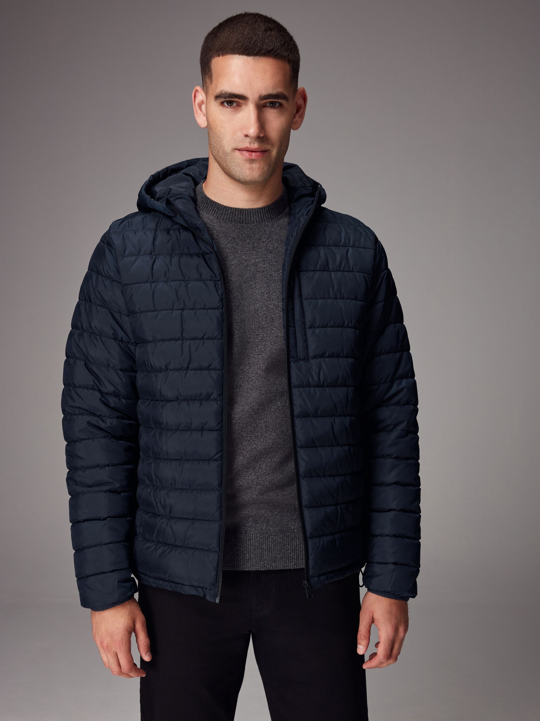 Buy Navy Blue Shower Resistant Lightweight Hooded Puffer Coat Jacket ...