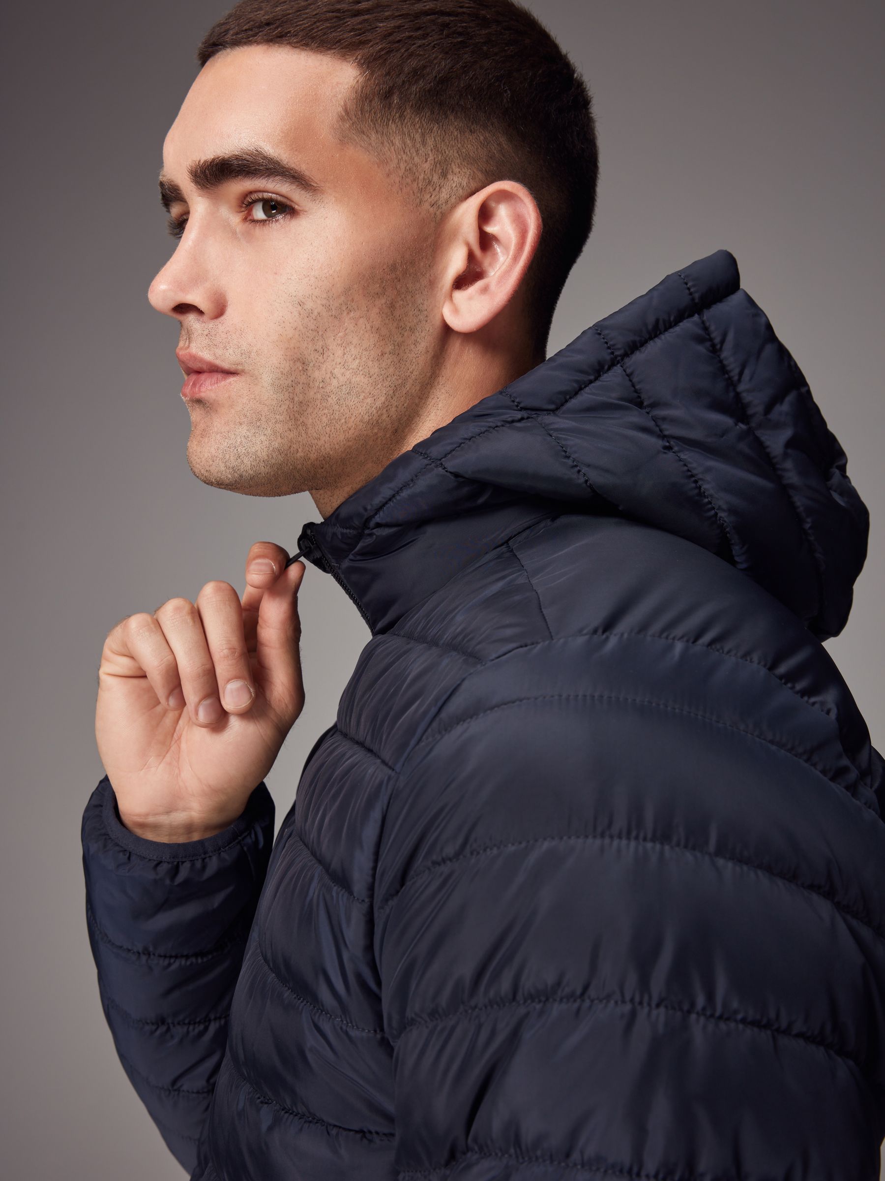 Buy Navy Blue Shower Resistant Lightweight Hooded Puffer Coat Jacket ...
