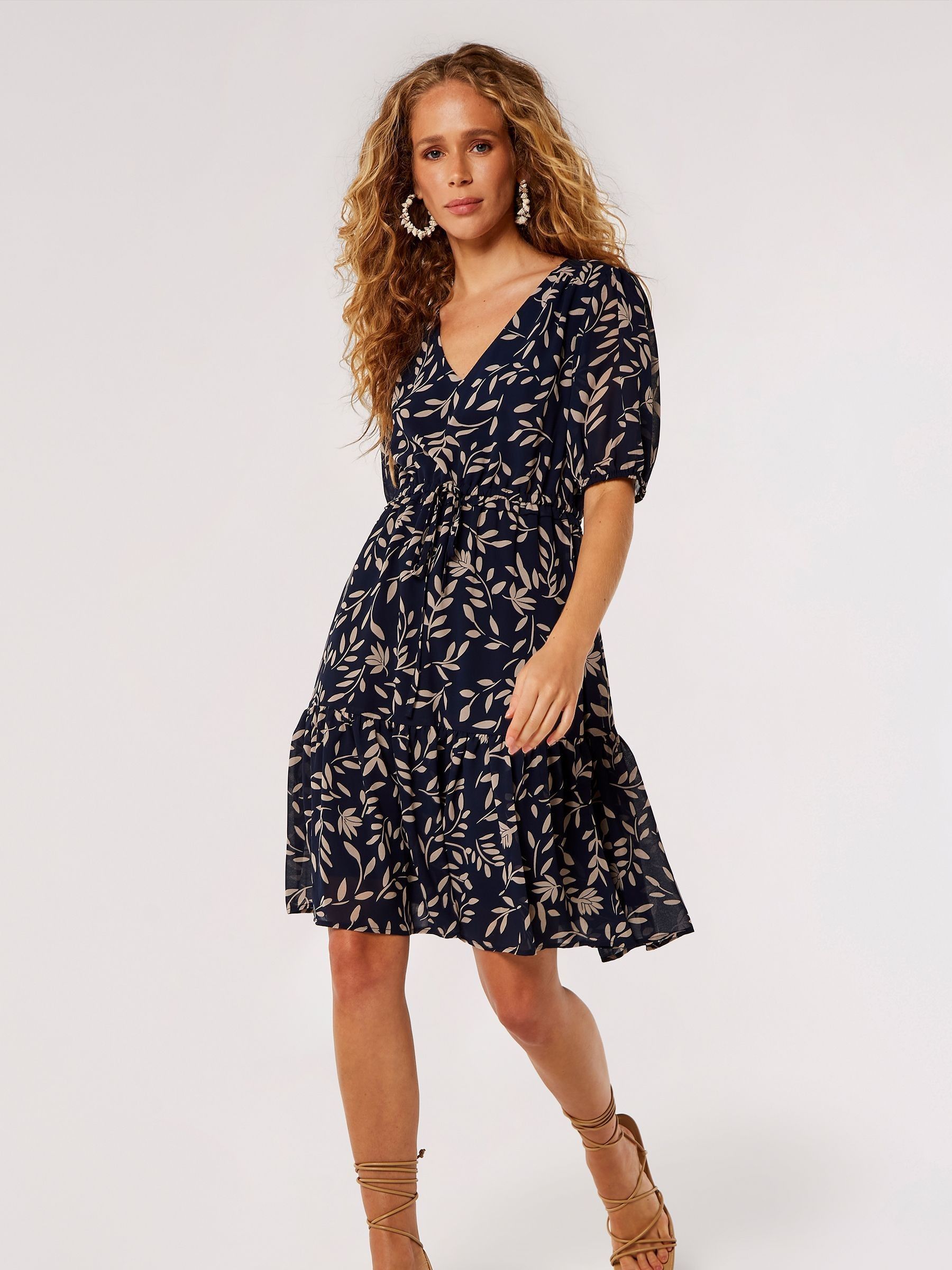 Buy Apricot Navy Blue & Cream Mono Leaf Tie Thru Puff Sleeve Dress from ...