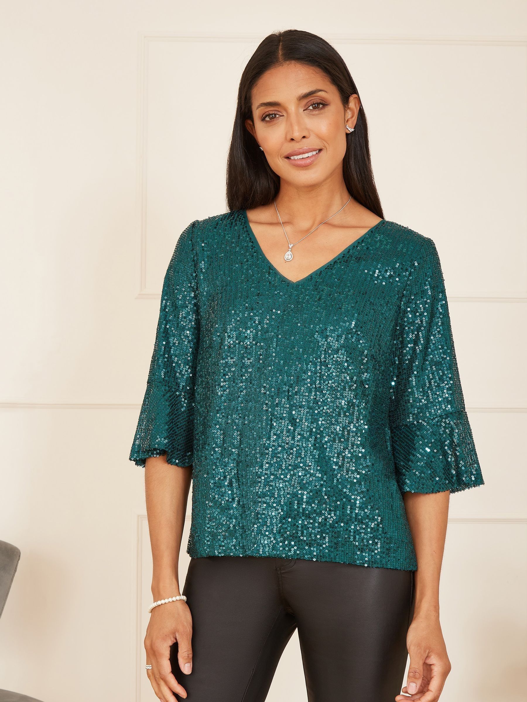 Buy Yumi Green Sequin Top With Fluted Sleeve from the Next UK online shop
