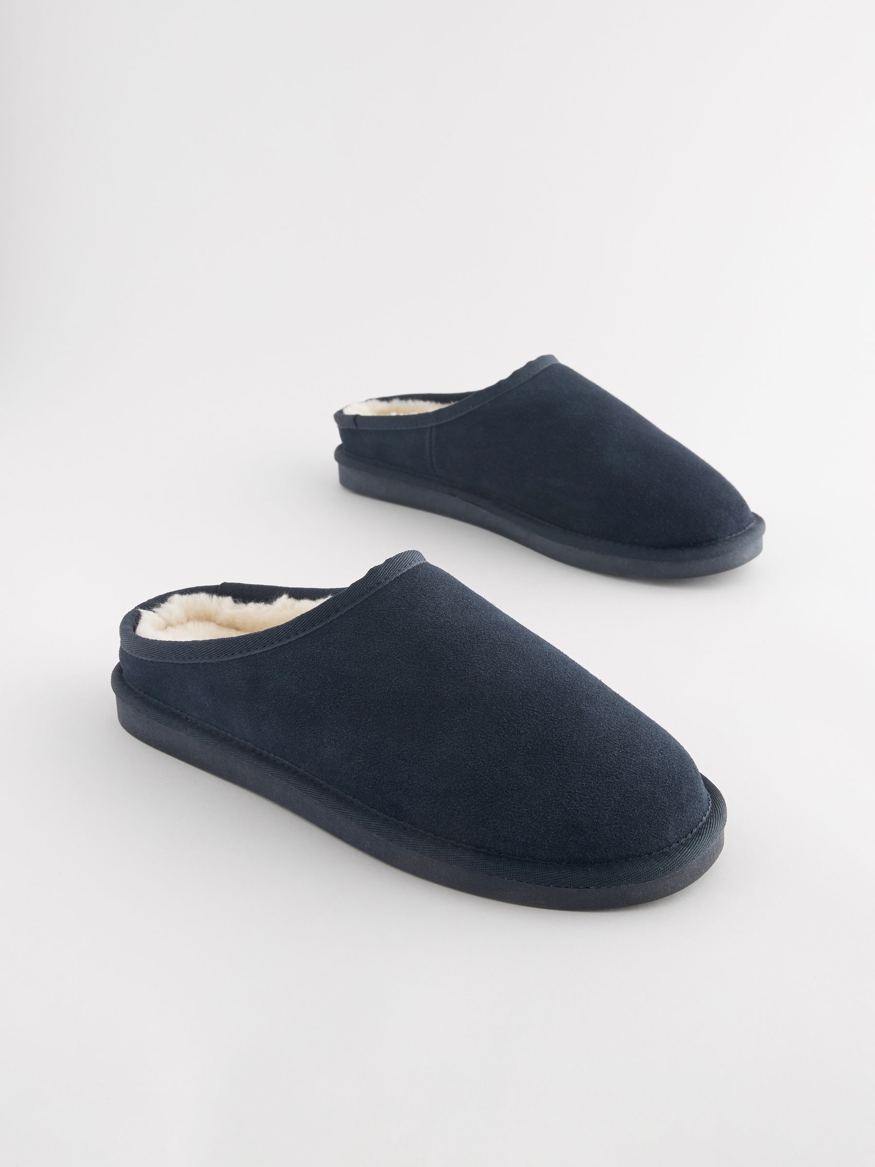 Buy Navy Blue Faux Fur Lined Signature Suede Mule Slippers from the ...
