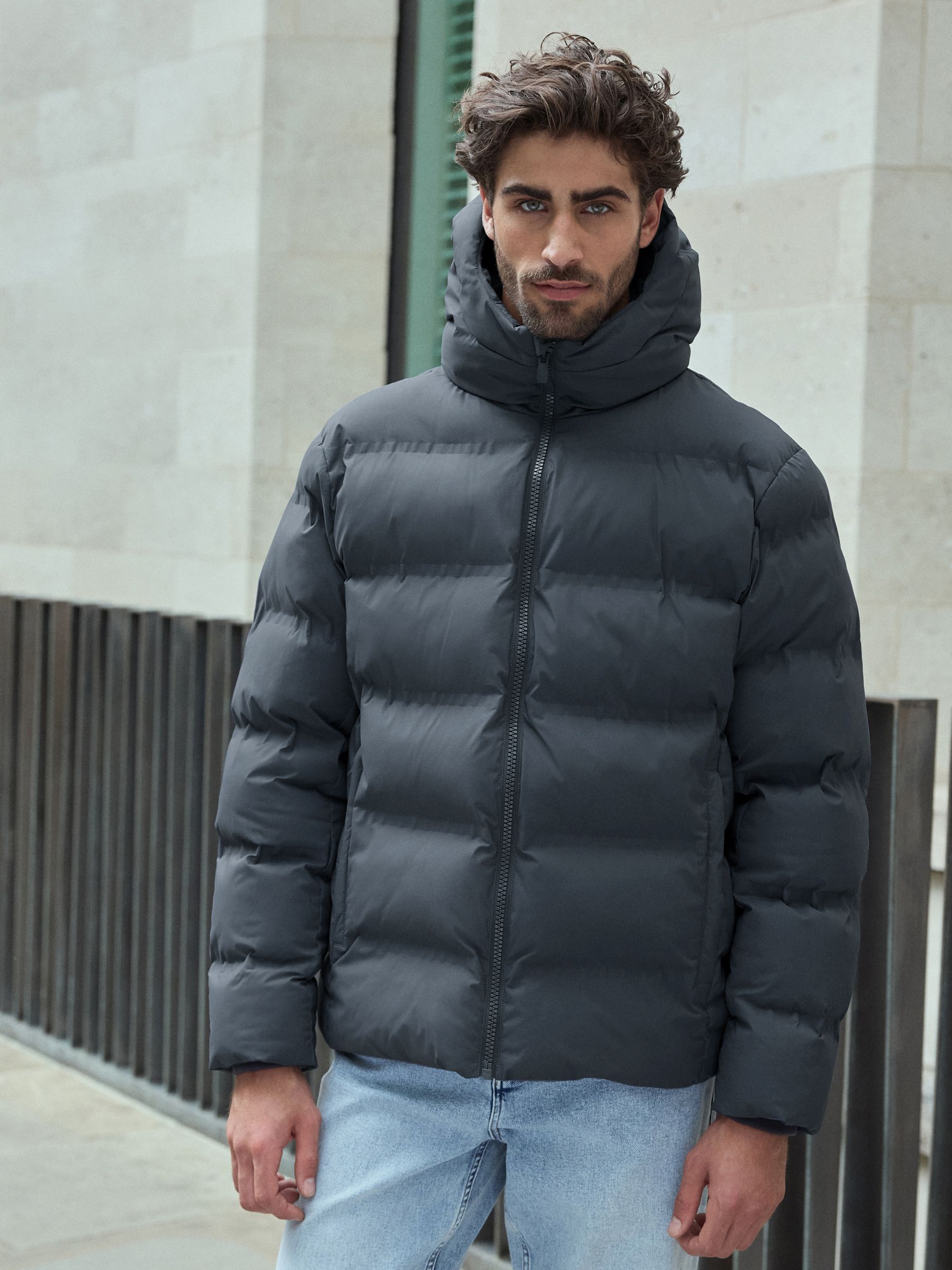 Buy Slate Grey Regular Length Shower Resistant Hooded Puffer Coat from ...