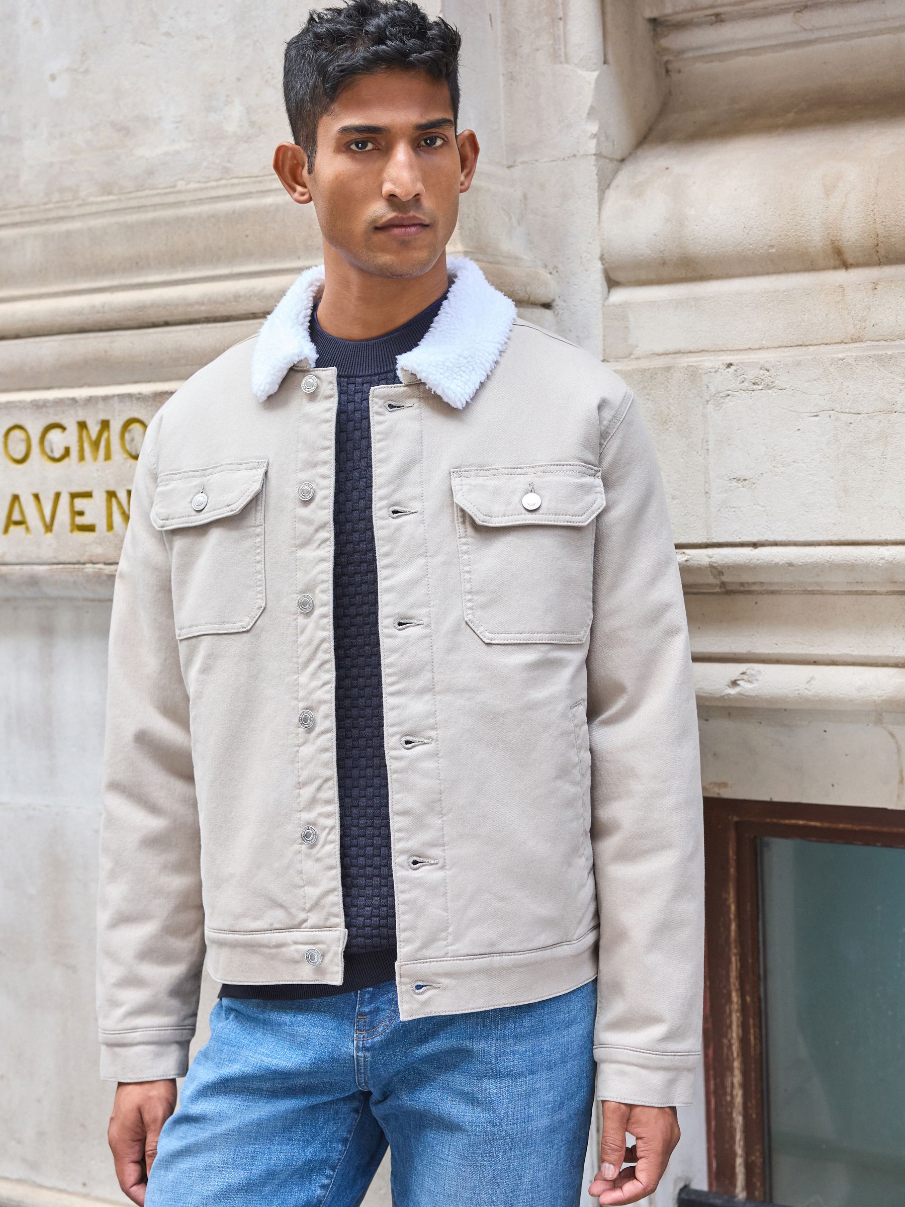 Buy Neutral Borg Collared Denim Trucker Jacket from the Next UK online shop