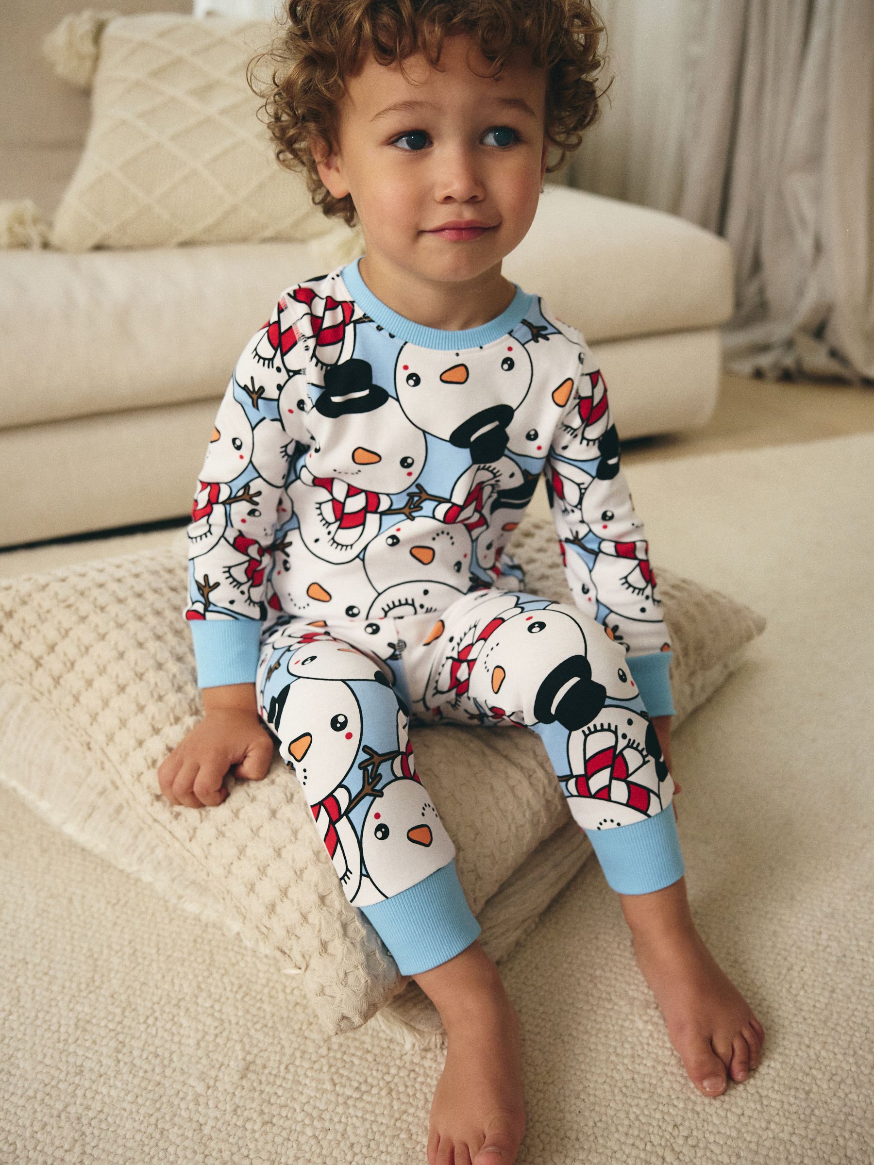 Buy Blue Snowman 100% Cotton Single Christmas Pyjamas (9mths-10yrs ...
