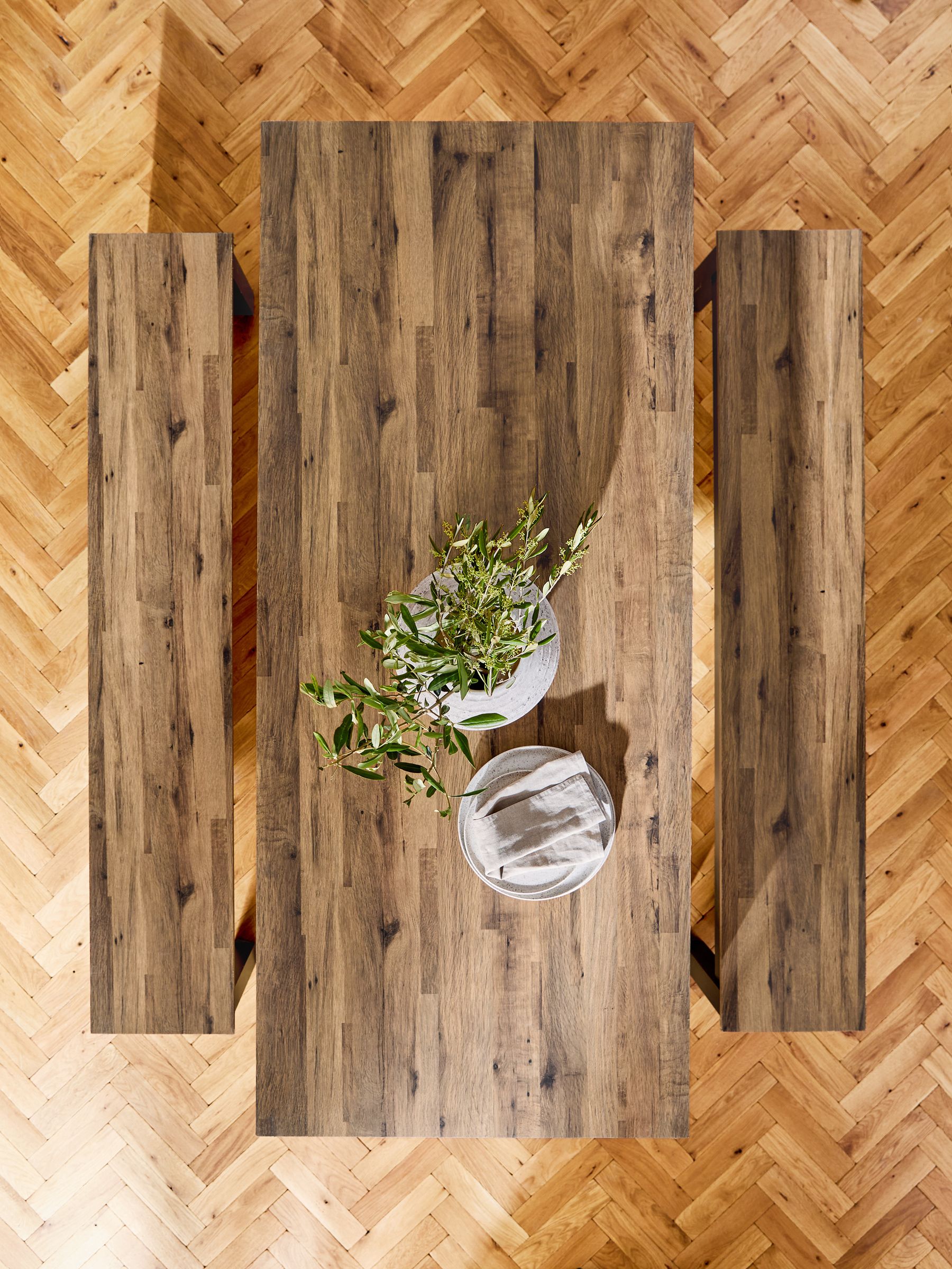 Buy Dark Natural Bronx Oak Effect 6 Seater Dining Table and Bench Set ...