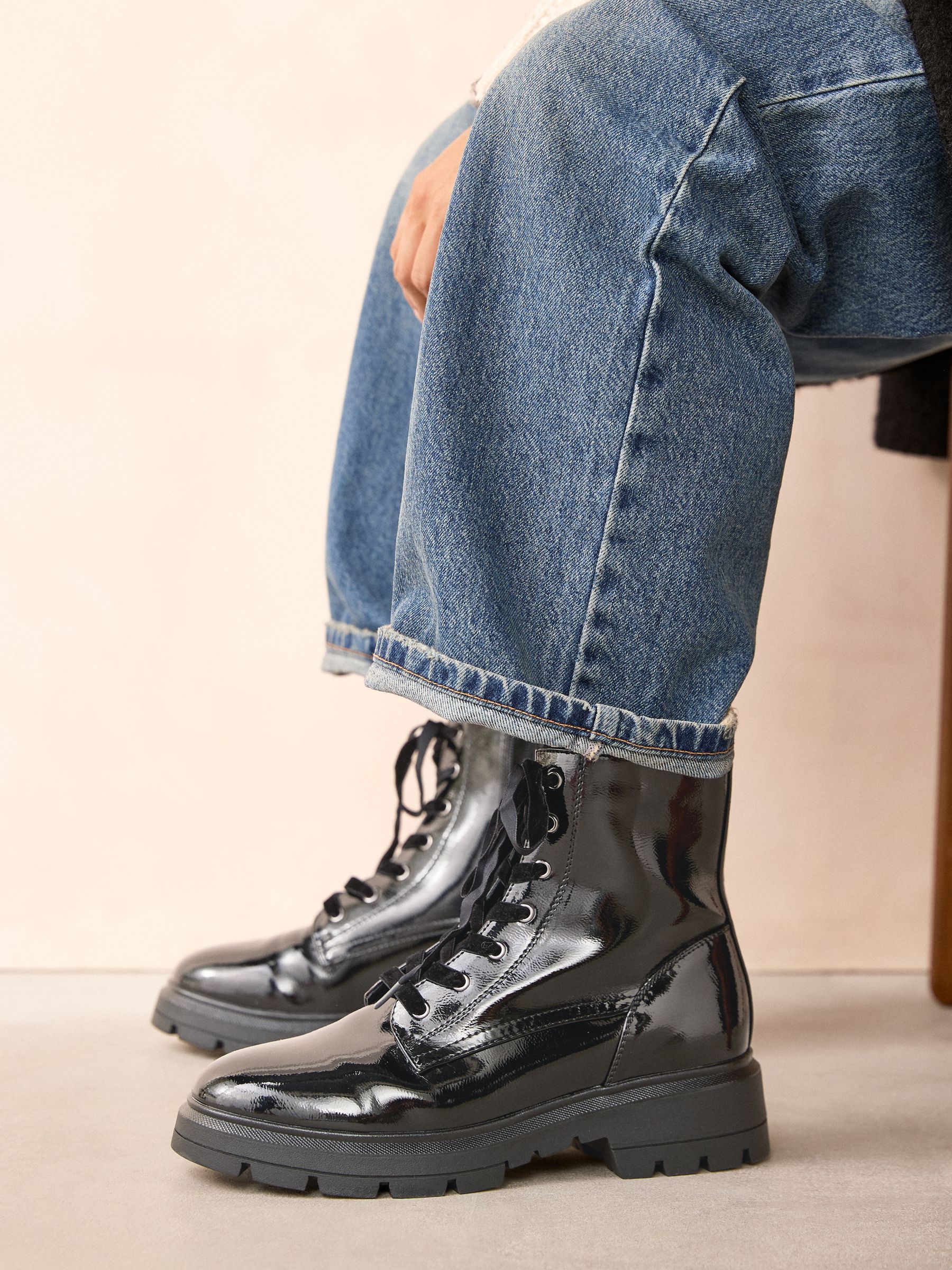 Buy Black Textured Patent Extra Wide Fit Forever Comfort® Lace-Up Boots ...