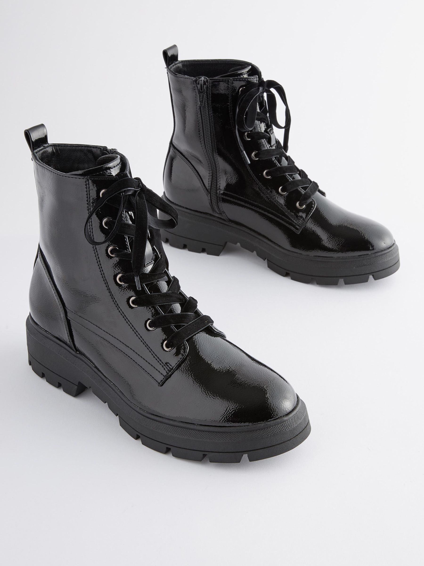 Buy Black Textured Patent Extra Wide Fit Forever Comfort® Lace-Up Boots ...