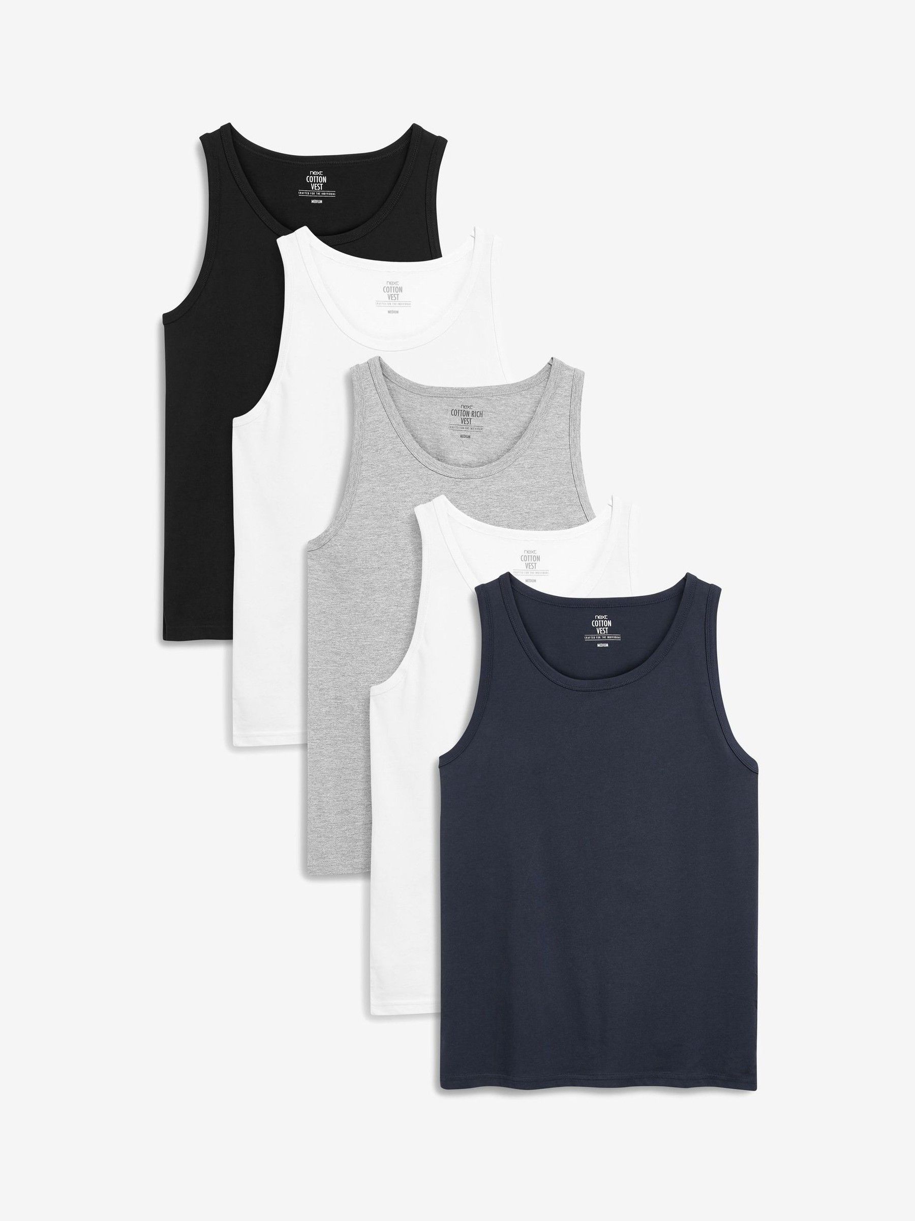 Buy Black/White/Grey Marl/Navy Blue 100% Cotton Layering Vests 5 Pack ...