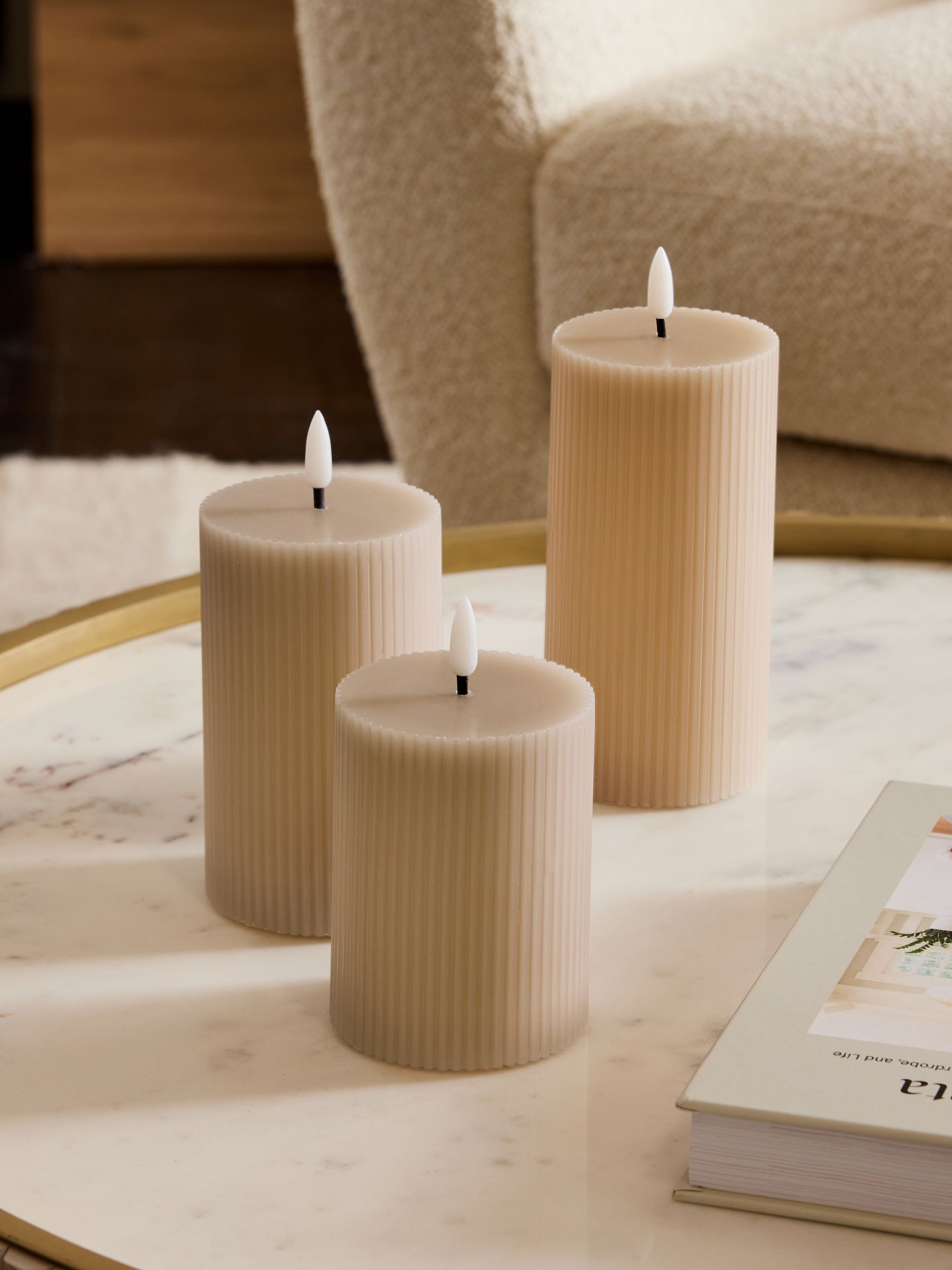 Buy Set of 3 Taupe Brown Real Wax Ribbed LED Pillar Candles from the ...