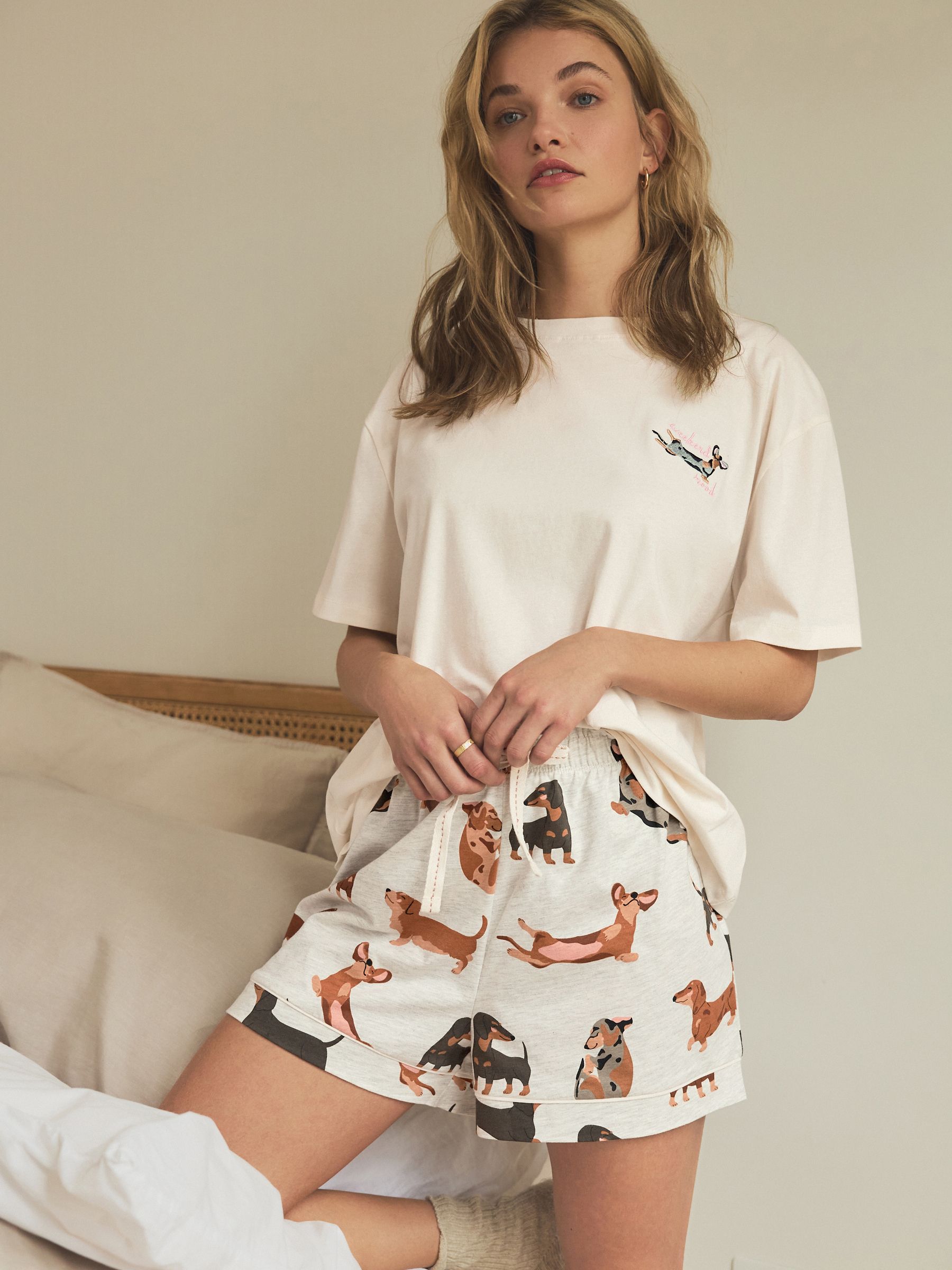 Buy Ecru Dachshund 100% Cotton Short Set Pyjamas from Next Ireland
