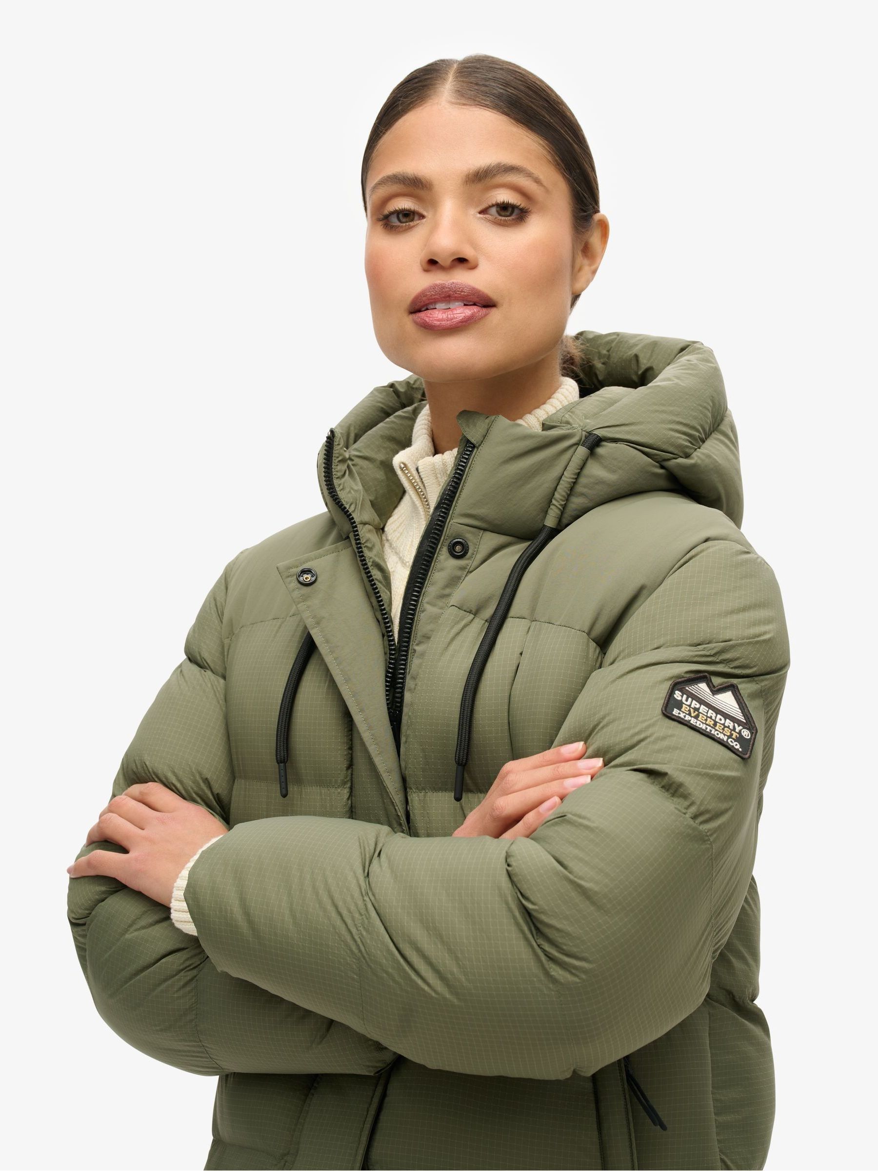 Buy Superdry Dusty Olive Green Grid Rip-Stop Longline Puffer Coat from ...