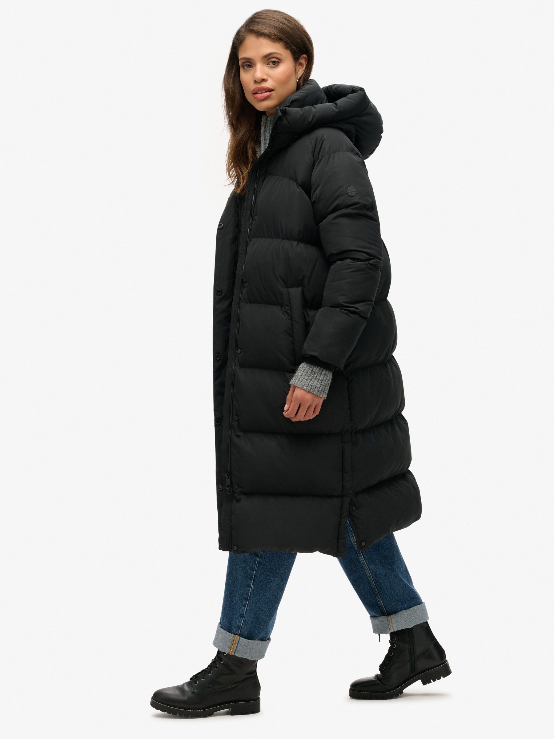 Buy Superdry Black Longline Hooded Puffer Coat from the Next UK online shop